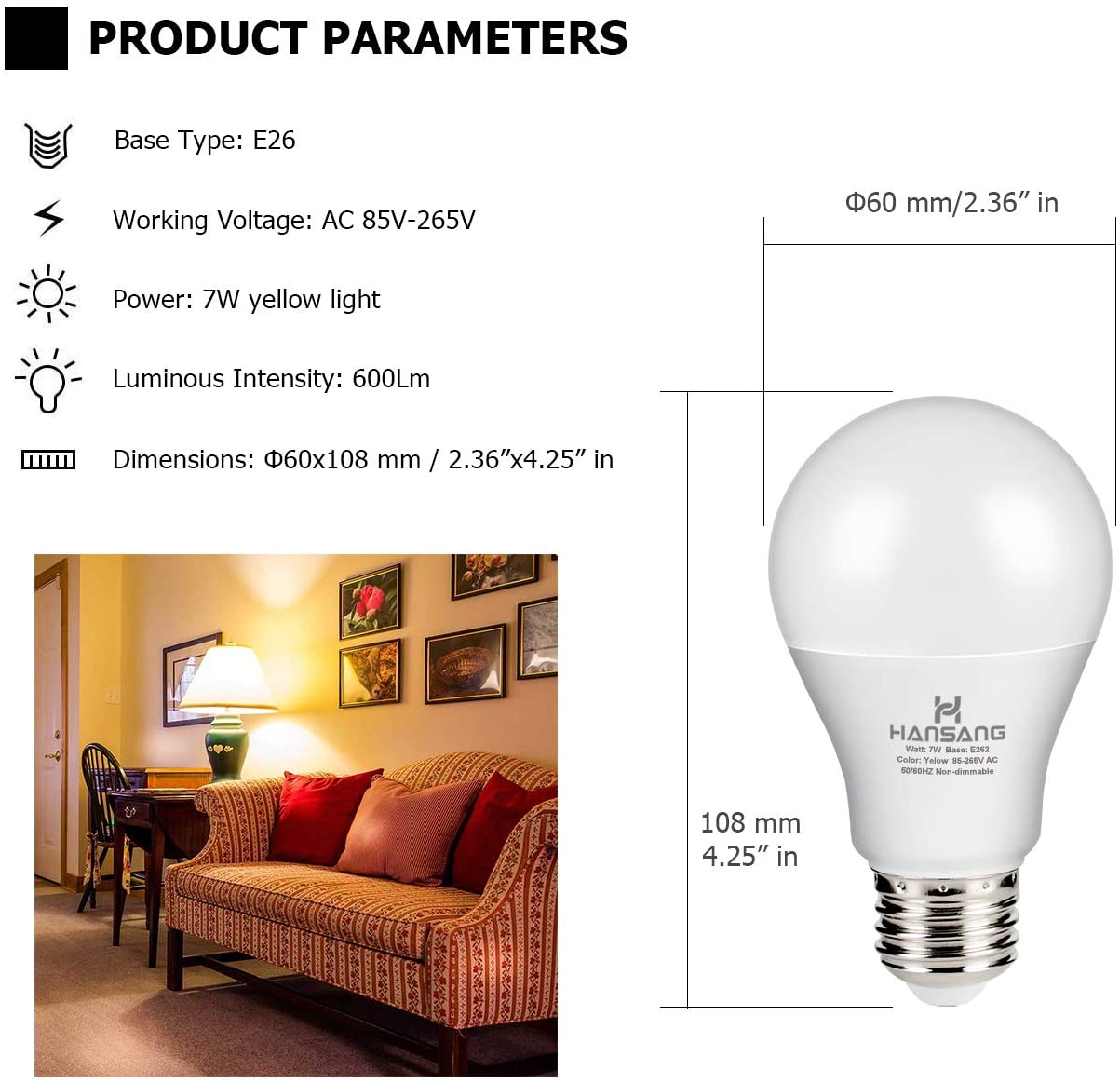 FUN-FUN-A19 LED Bug Light Bulb Yellow Color Bulb,7 Watt (60W Equivalent ...