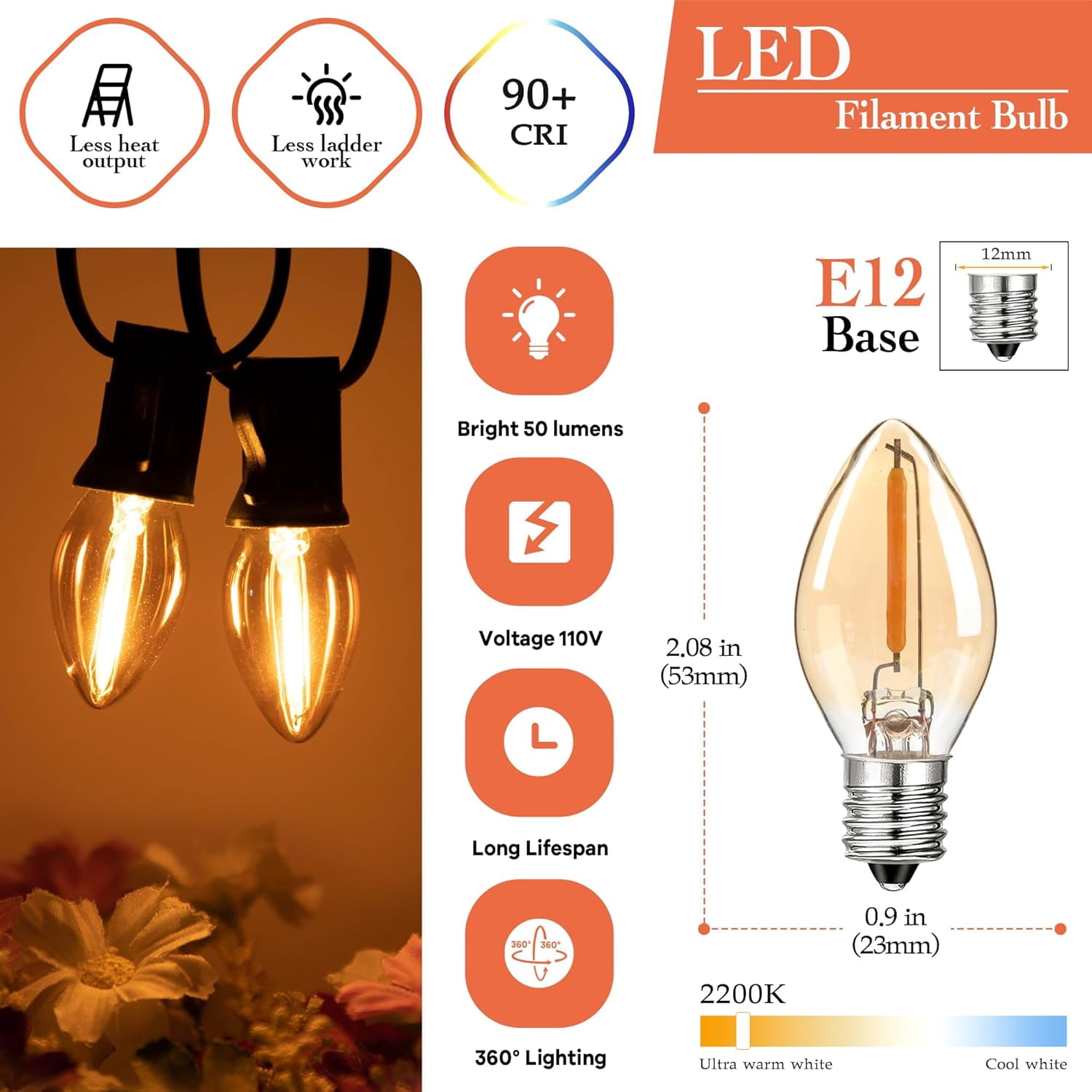 FUN-FUN-C7 LED Replacement Small Light Bulbs,E12 Candelabra Base ...