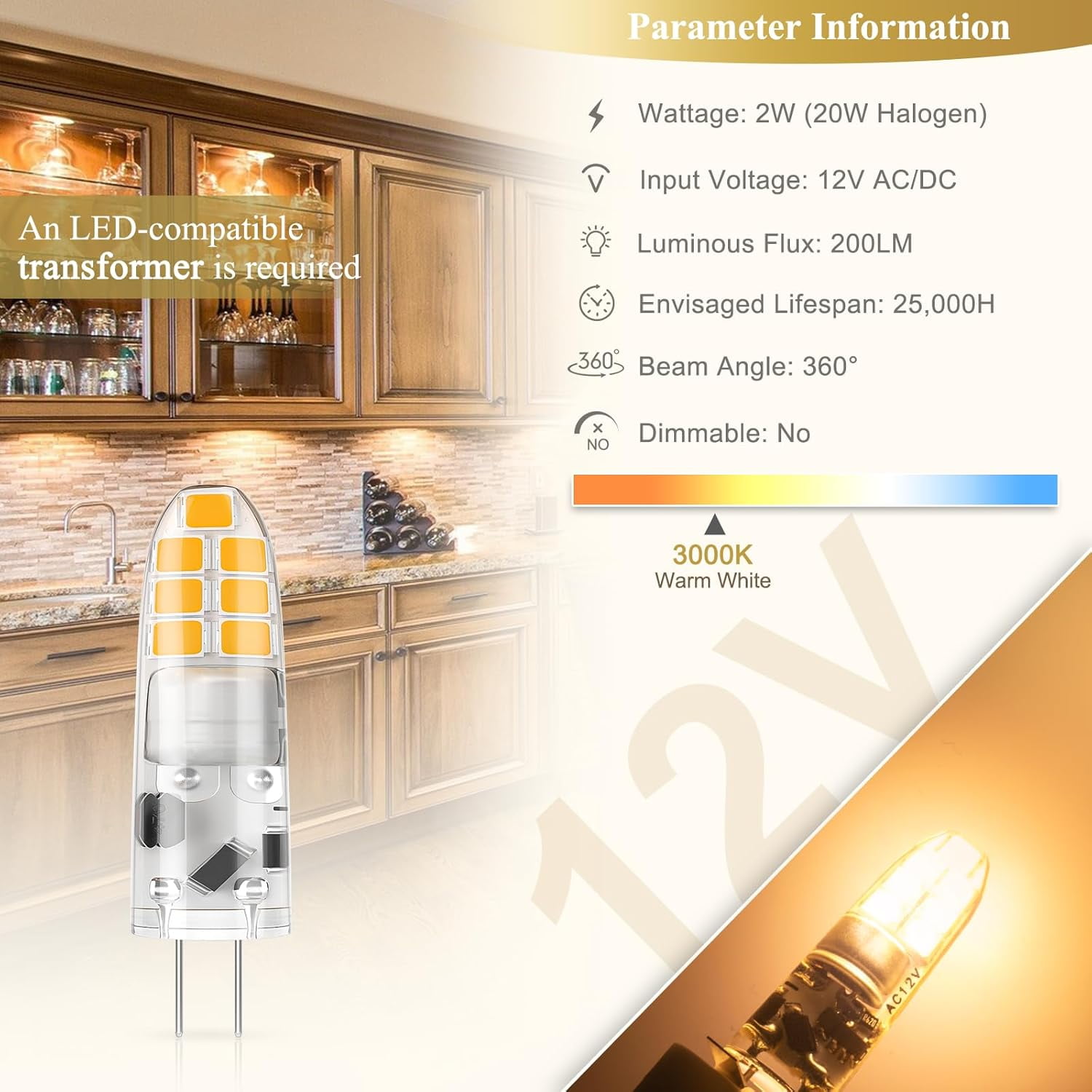 FUN-G4 LED Bulb 12V, JC Bi-Pin Base Light Bulbs 2W, Warm White 3000K, T3 Halogen Replacement 20W ...