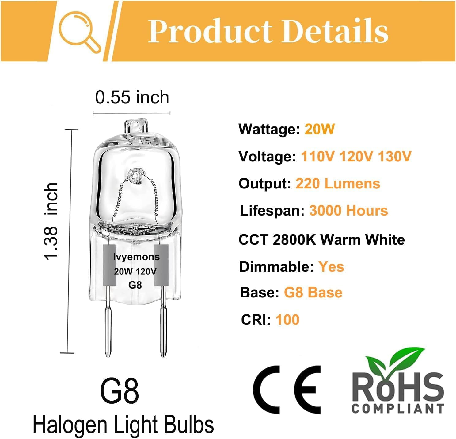 FUN-G8 Halogen Bulb 20W 120V - 5 Pack G8 Bulb 2800K Warm White with G 8 ...