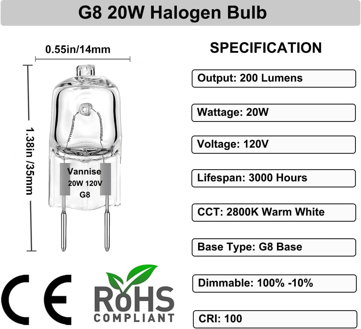 FUN-G8 Halogen Bulb 20W Warm White- 10 Pack Long Lasting G8 Bulb 120V ...