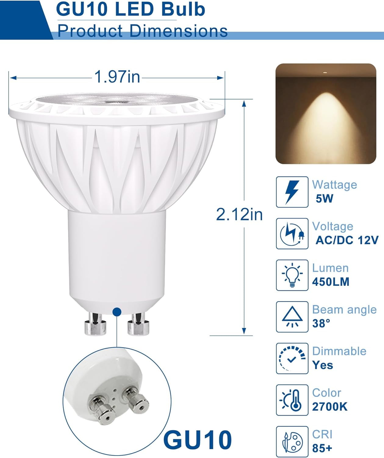 FUN-GU10 LED Bulbs Dimmable, 5W 50 Watt Equivalent LED Bulb, 2700K Warm ...