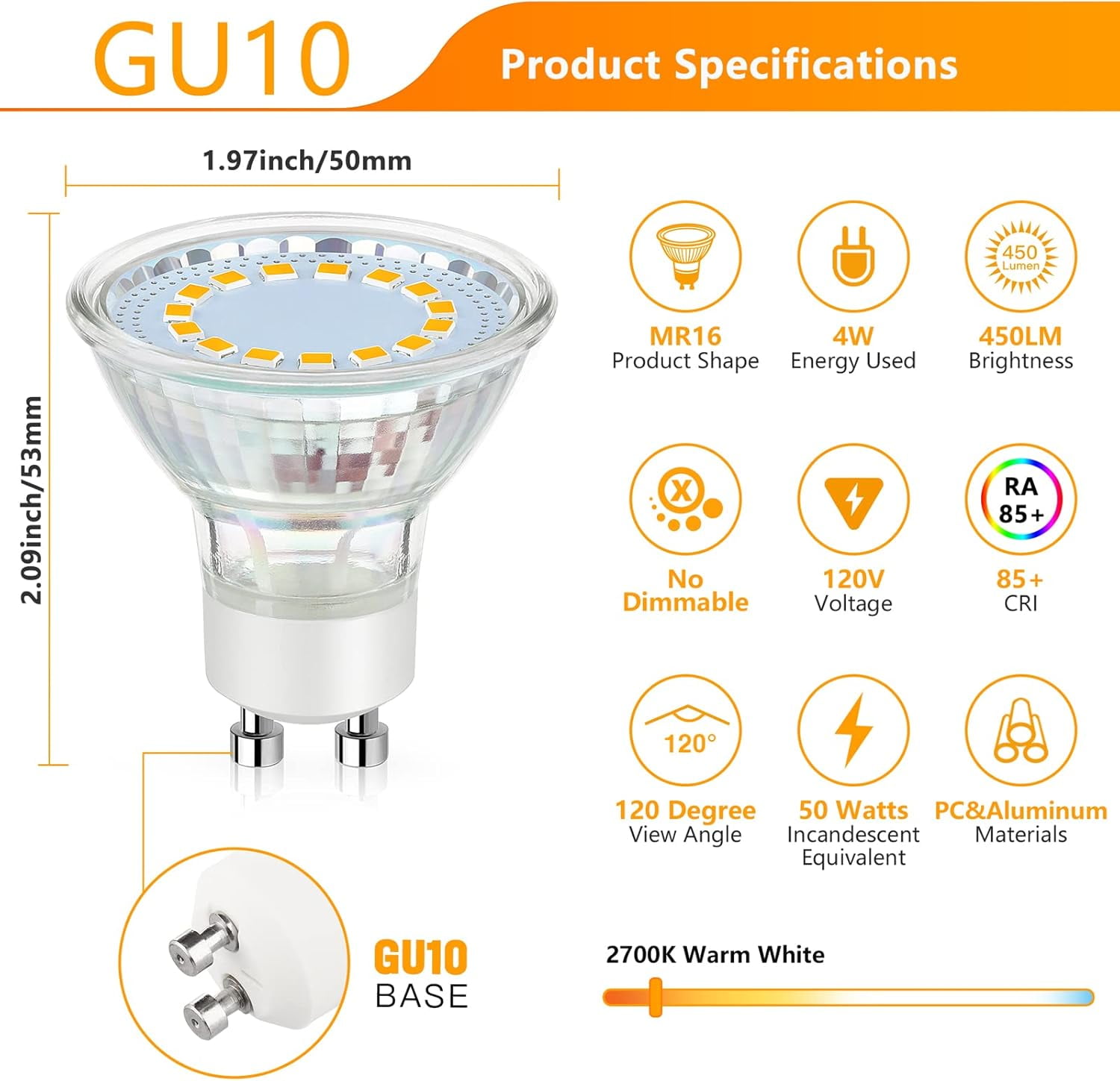 TRHOO-GU10 LED Light Bulb, 50 Watt Halogen Equivalent, Warm White 2700K ...
