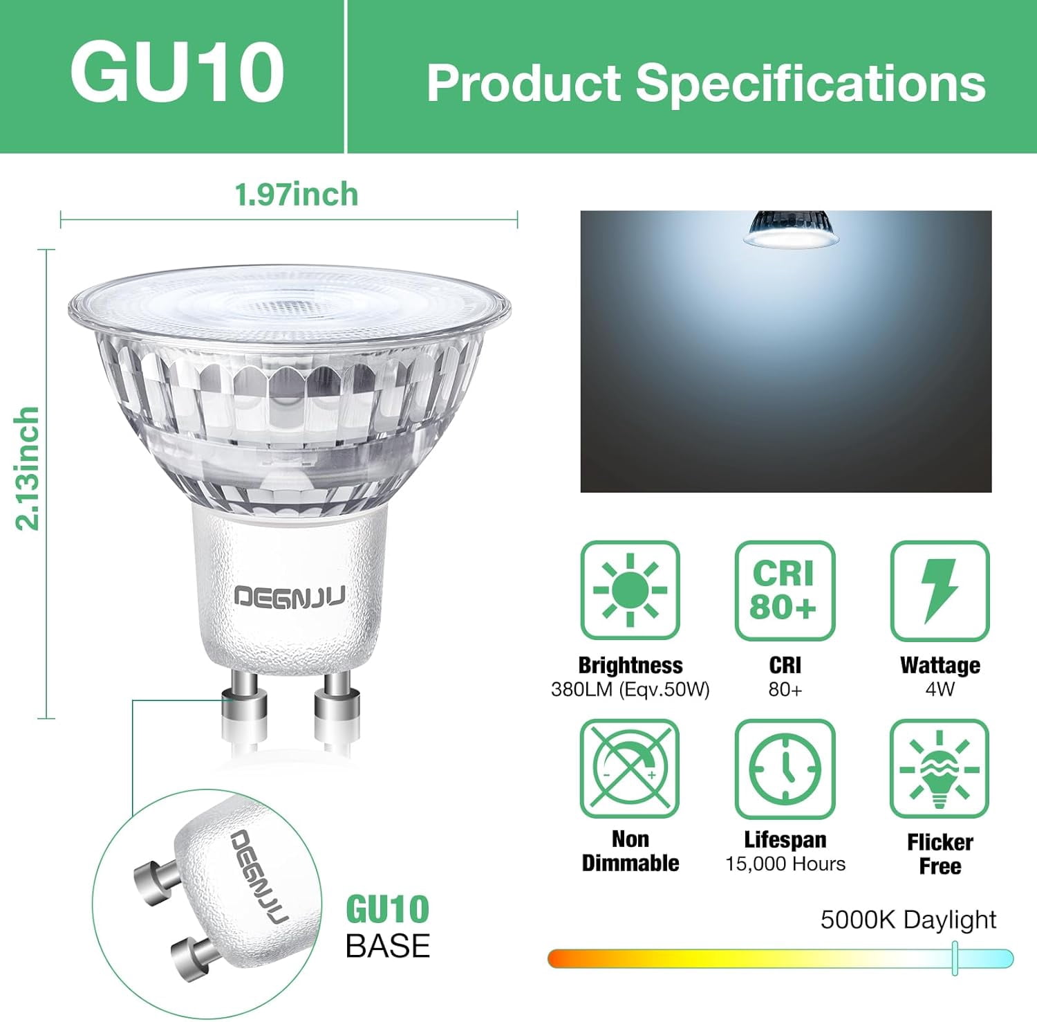 FUN-GU10 LED Light Bulbs Non-Dimmable, 5000K Daylight White GU10 Bulb ...