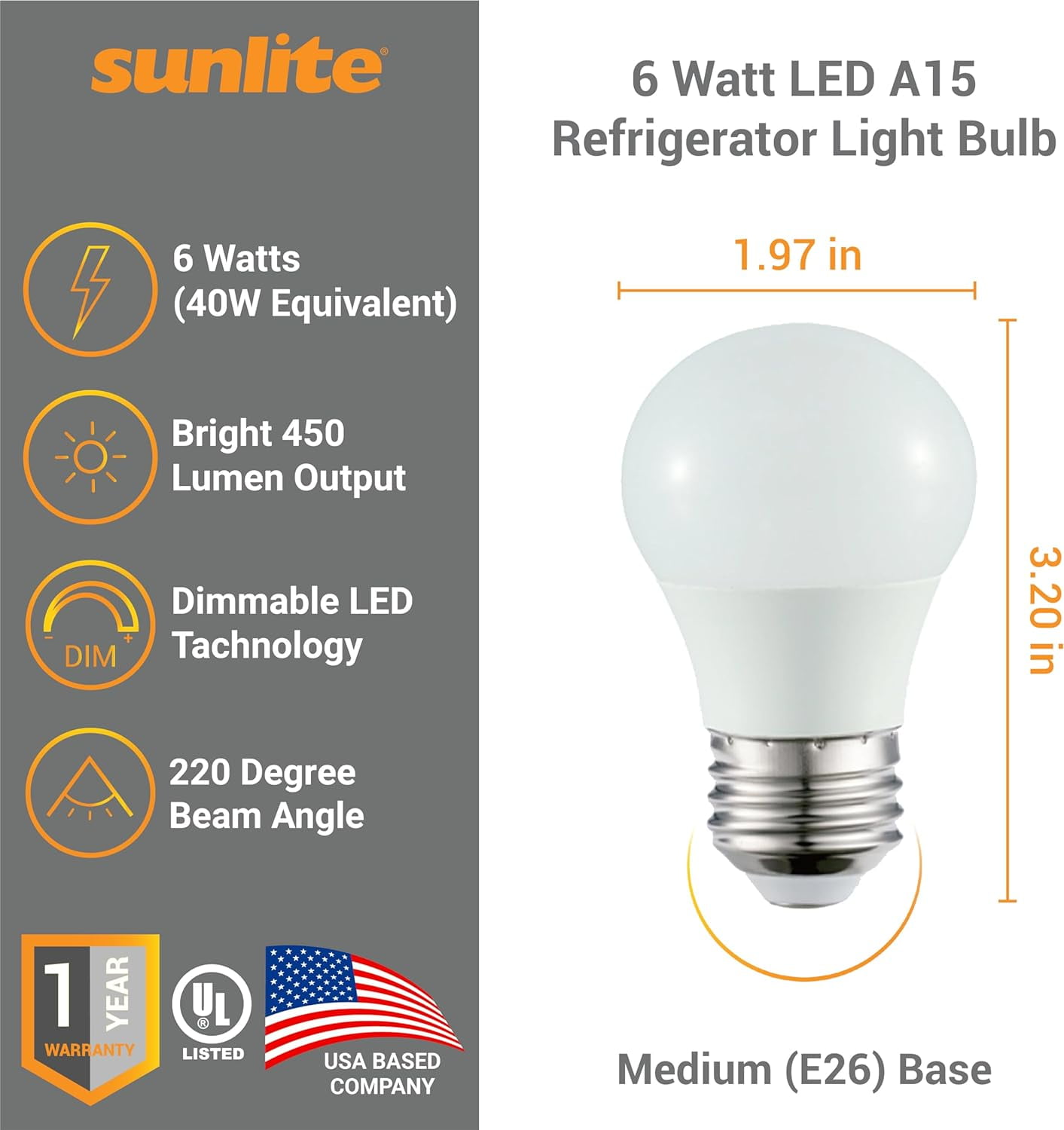 FUN-LED A15 Refrigerator Light Bulb, 6 Watts (40W Equivalent), 450 ...