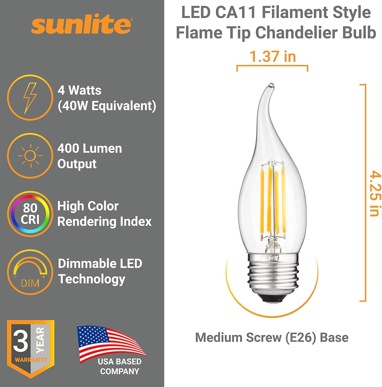 TRHOO-LED Filament CA11 Flame Tip Chandelier Light Bulb, 4 Watts (40W ...