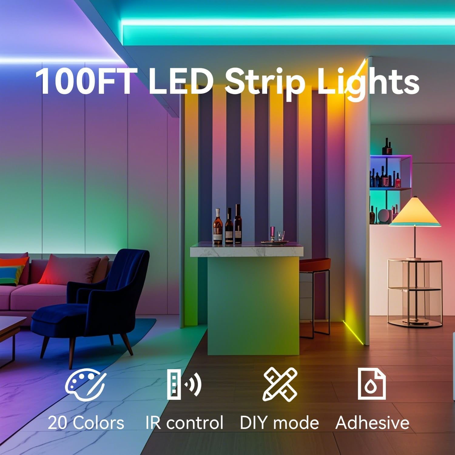 FUN-LED Lights for Bedroom 100 ft, Color Changing LED Strip Lights with 44-Key Remote, 24 Volt ...