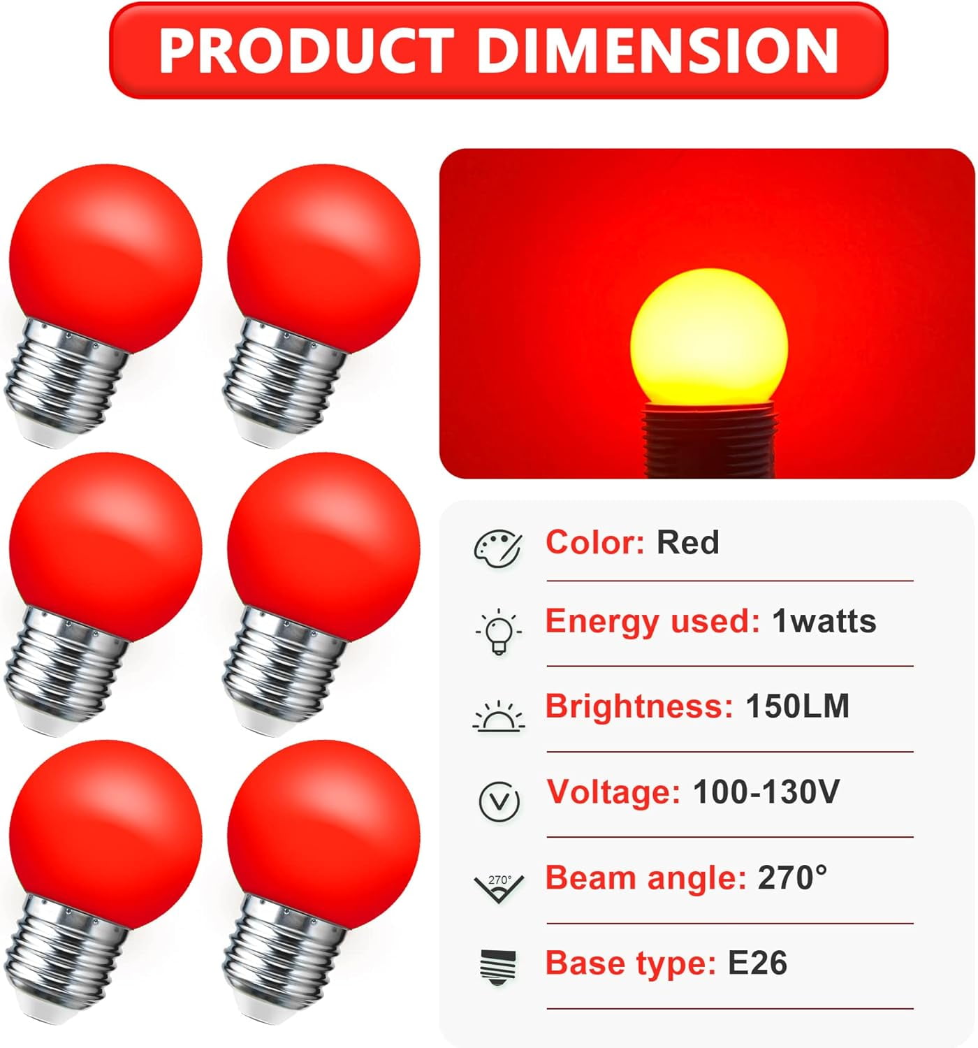 FUN-LED Red Light Bulb 15W Equivalent, G45 LED Christmas Globe Light ...