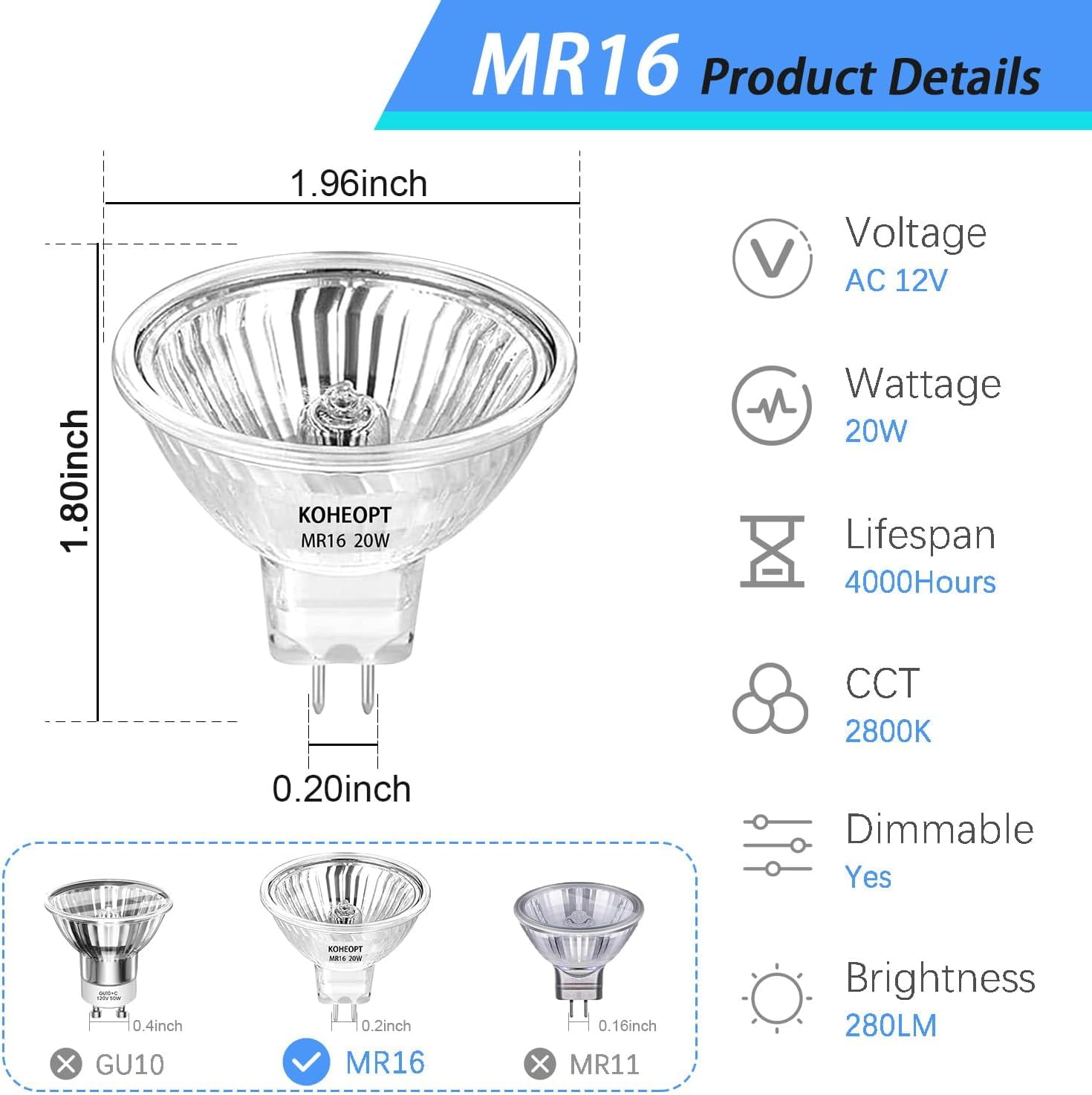 FUN-MR16 20W Halogen Light Bulbs 2 pin,12V Durable 4 Packs High Output ...