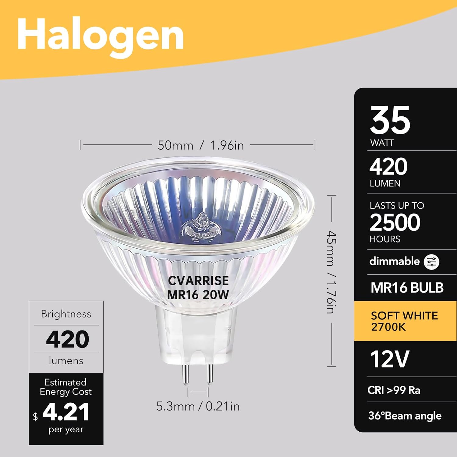 TRHOO-MR16 35W Halogen Bulb - 12V Dimmable 6 Packs Halogen Light Bulbs ...