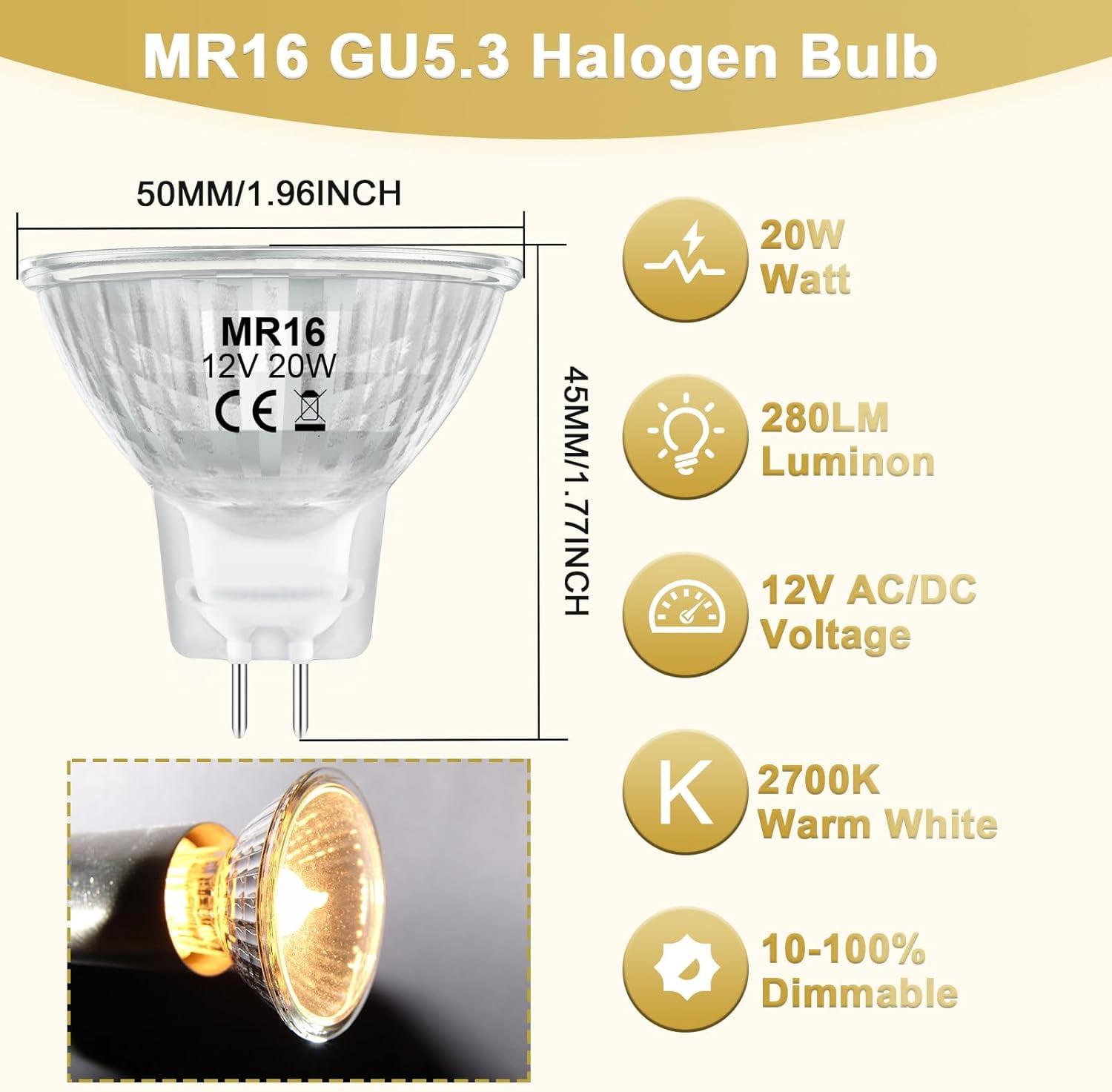 FUN-MR16 Halogen Bulb 20W 12V Halogen Light Bulbs 2 Pin GU5.3 Base Dimmable Spotlight with Clear ...