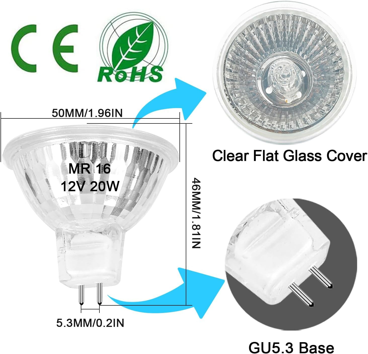 TRHOO-MR16 Halogen Bulb 20W Dimmable 12V GU5.3 Bi Pin Base Spotlight with Long Lifespan, 2700K ...