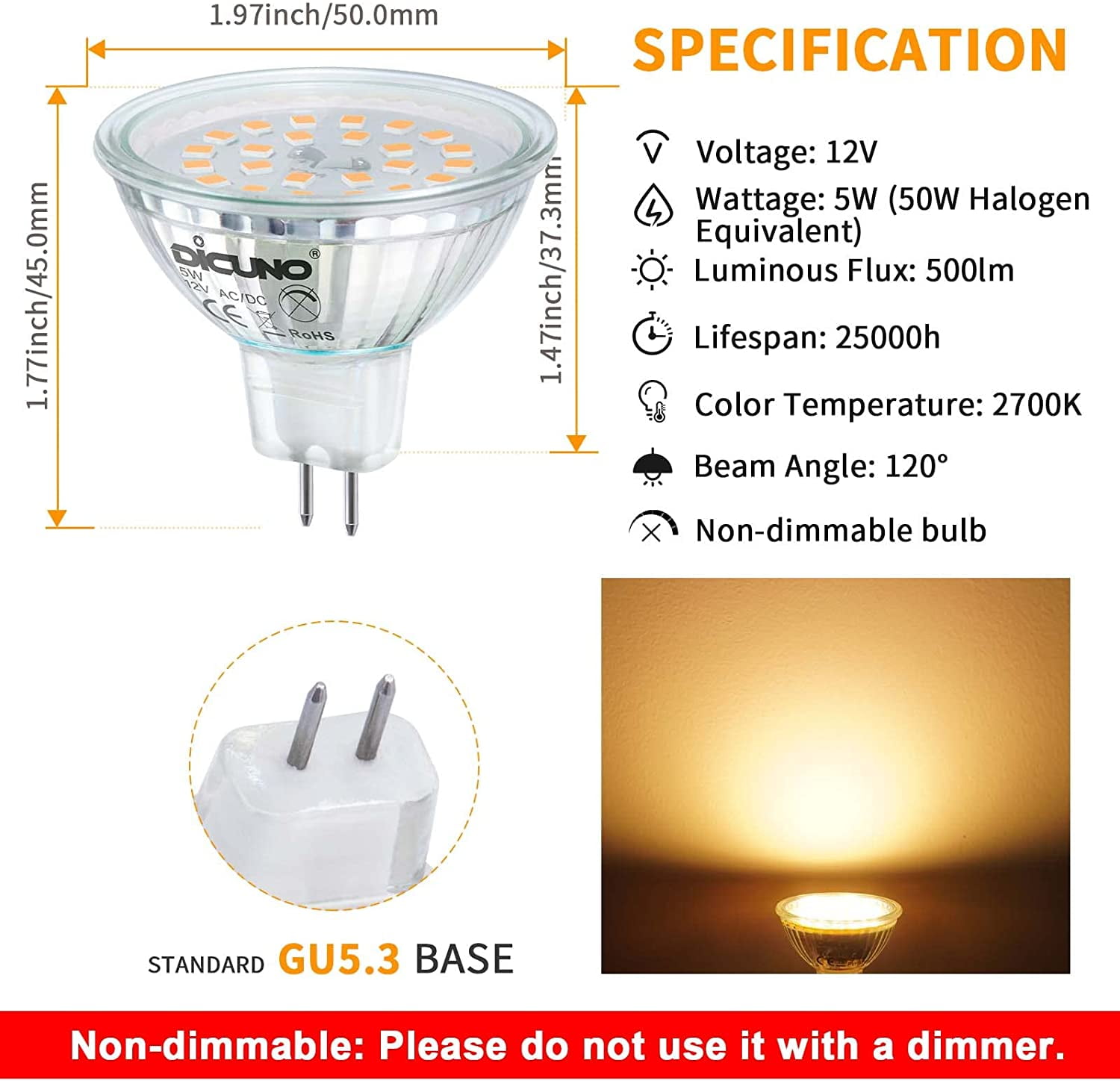FUN-MR16 LED Bulbs 12V 50W Halogen Equivalent Non-Dimmable, GU5.3 Bi ...