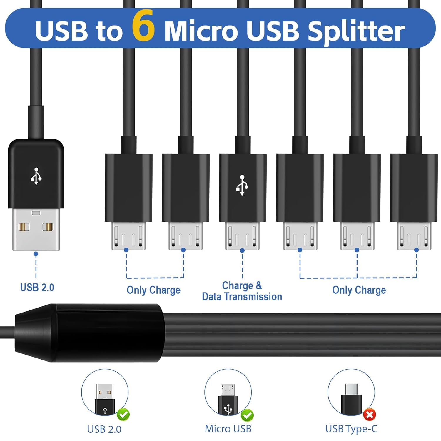 FUN-Micro USB Splitter Cable, USBA to 6 Micro USB Multi Lead Charging ...