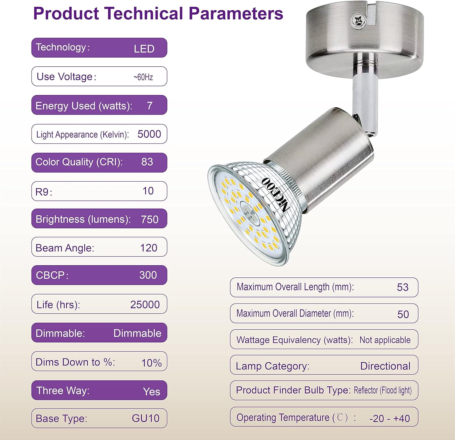 FUN-NICEOO GU10 LED 7W Daylight White 5000K Stepless or 3-Step Dimmable ...