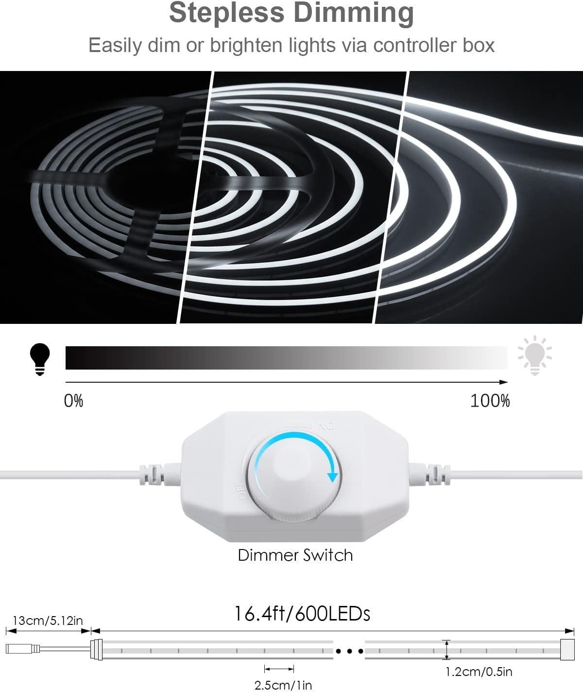 FUN-Neon LED Strip Lights - Daylight White Dimmable Rope Light 16.4ft ...