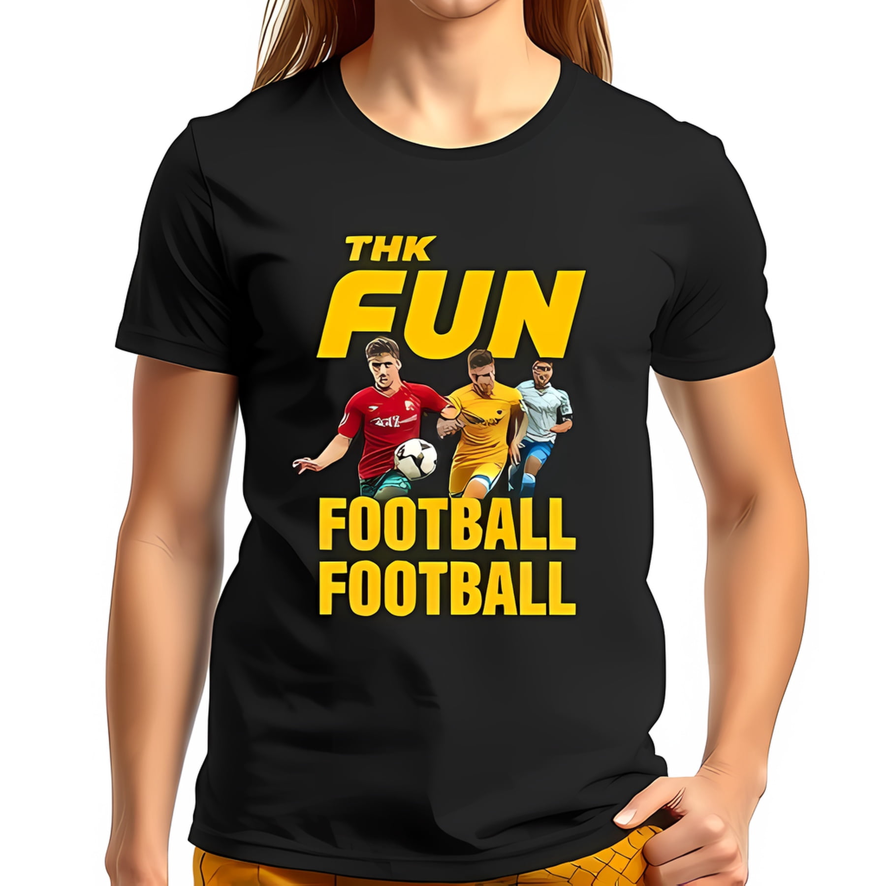 FUN Soccer T-Shirt for Women - Bold Yellow Print with Action Soccer ...