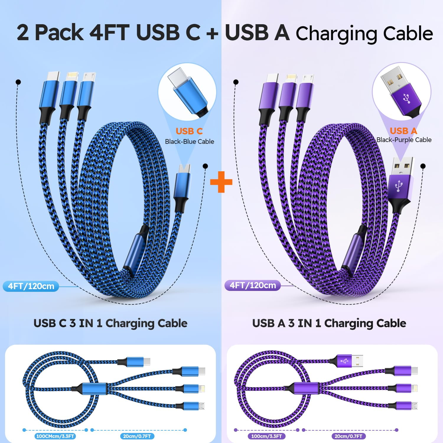 FUN-USB A + USB C Multi Charging Cable, 3 in 1 Charging Cable ...