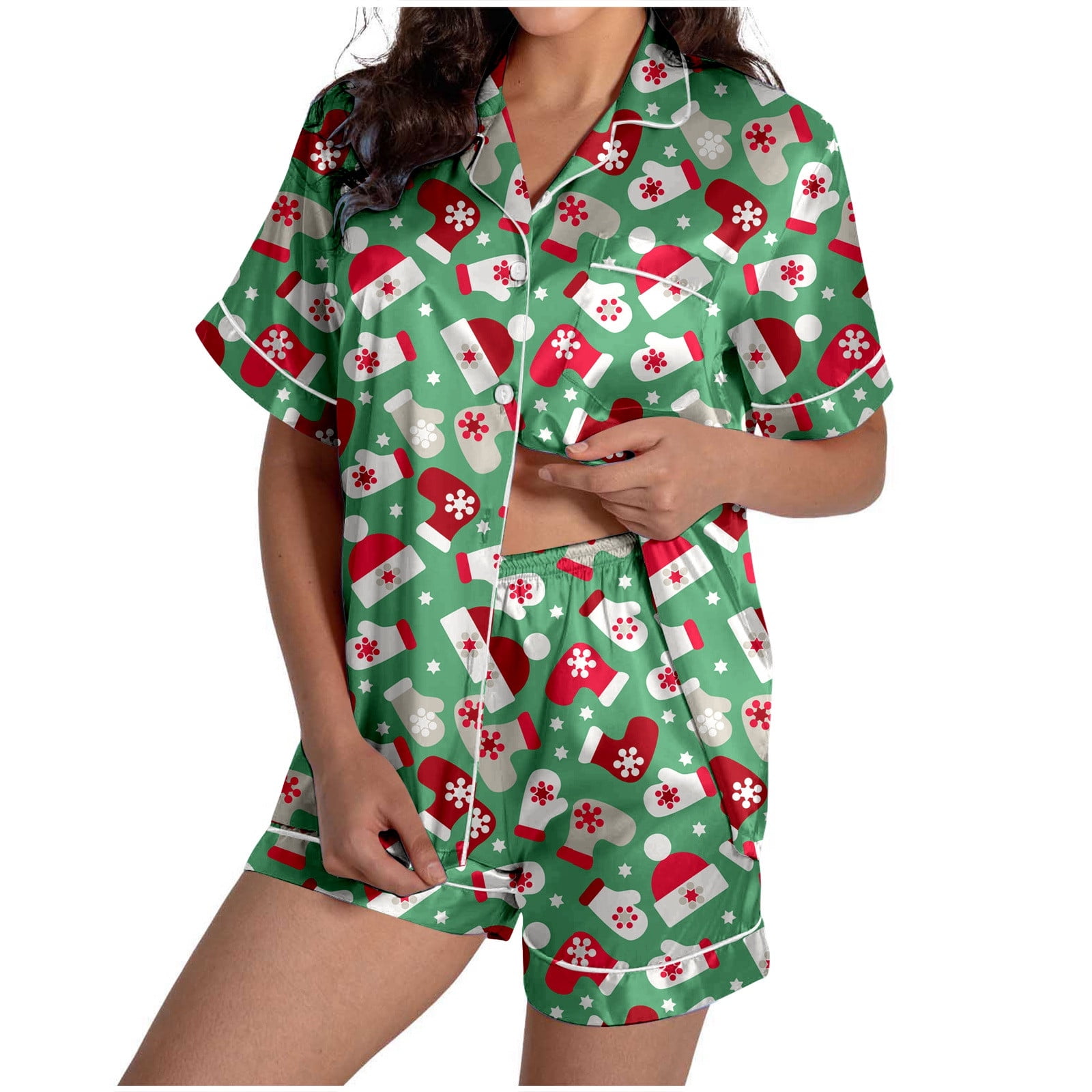 FUNDUFI Ladies Christmas Snowman Santa Printed Silk Satin Short Sleeve ...