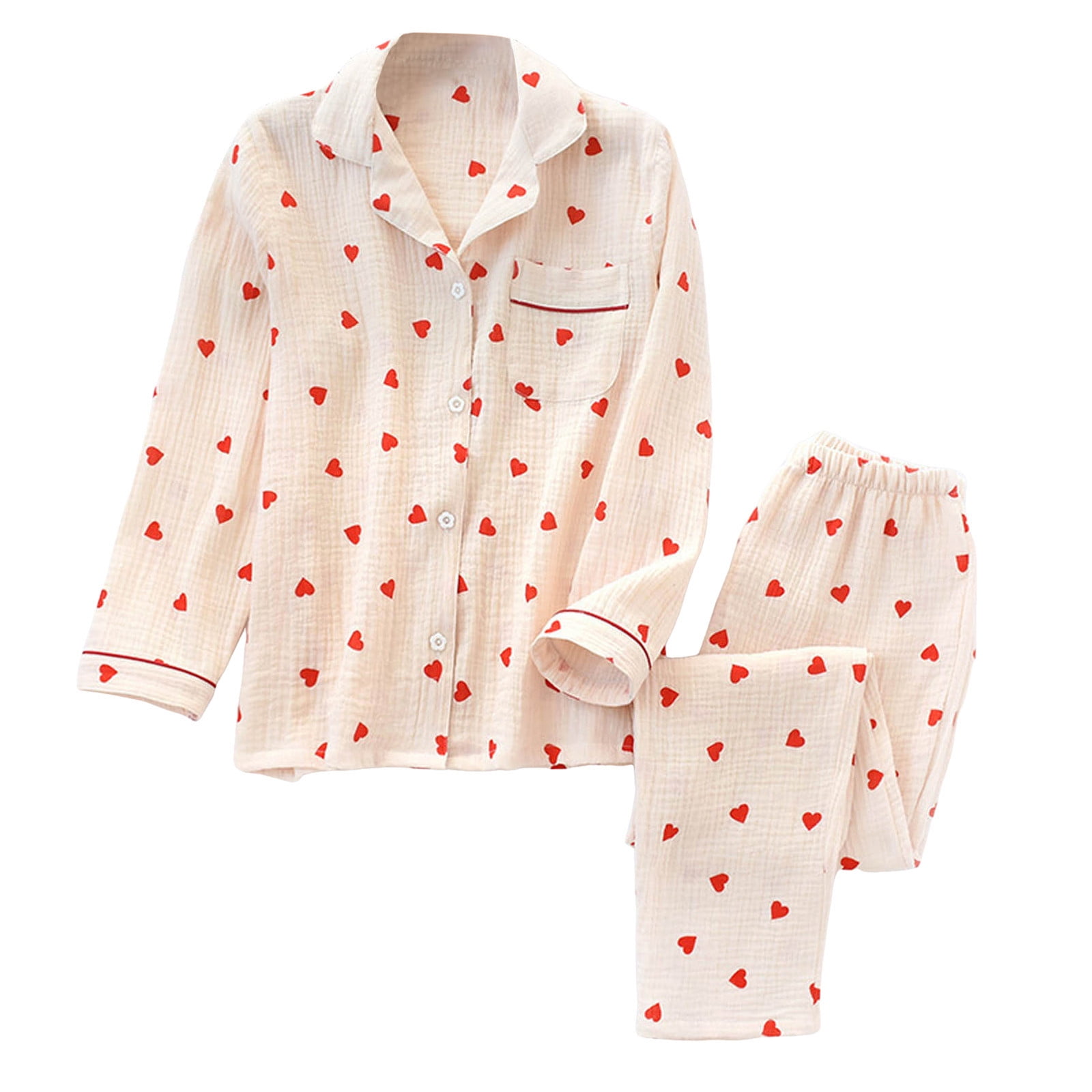 FUNDUFI Pajama Set For Women Long Sleeve Lapel Valentine's Day Love Heart Printed Shirt Tops ...