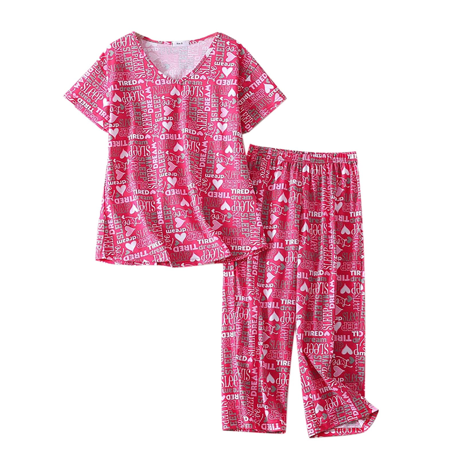 FUNDUFI Women Cotton Pajamas Set Short Sleeve Top Capri Pants Sleepwear ...