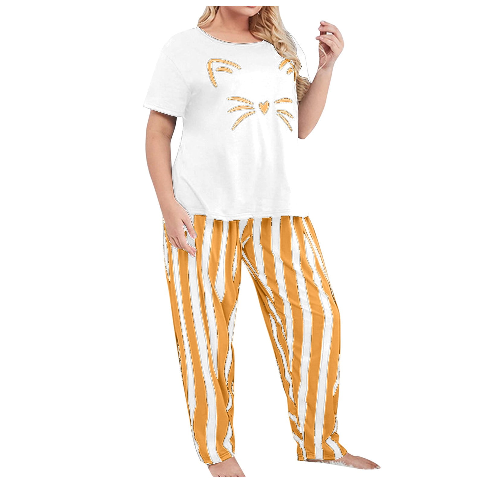 FUNDUFI Women Plus Size Pajamas Short Sleeve Tee Striped Pants Sets ...