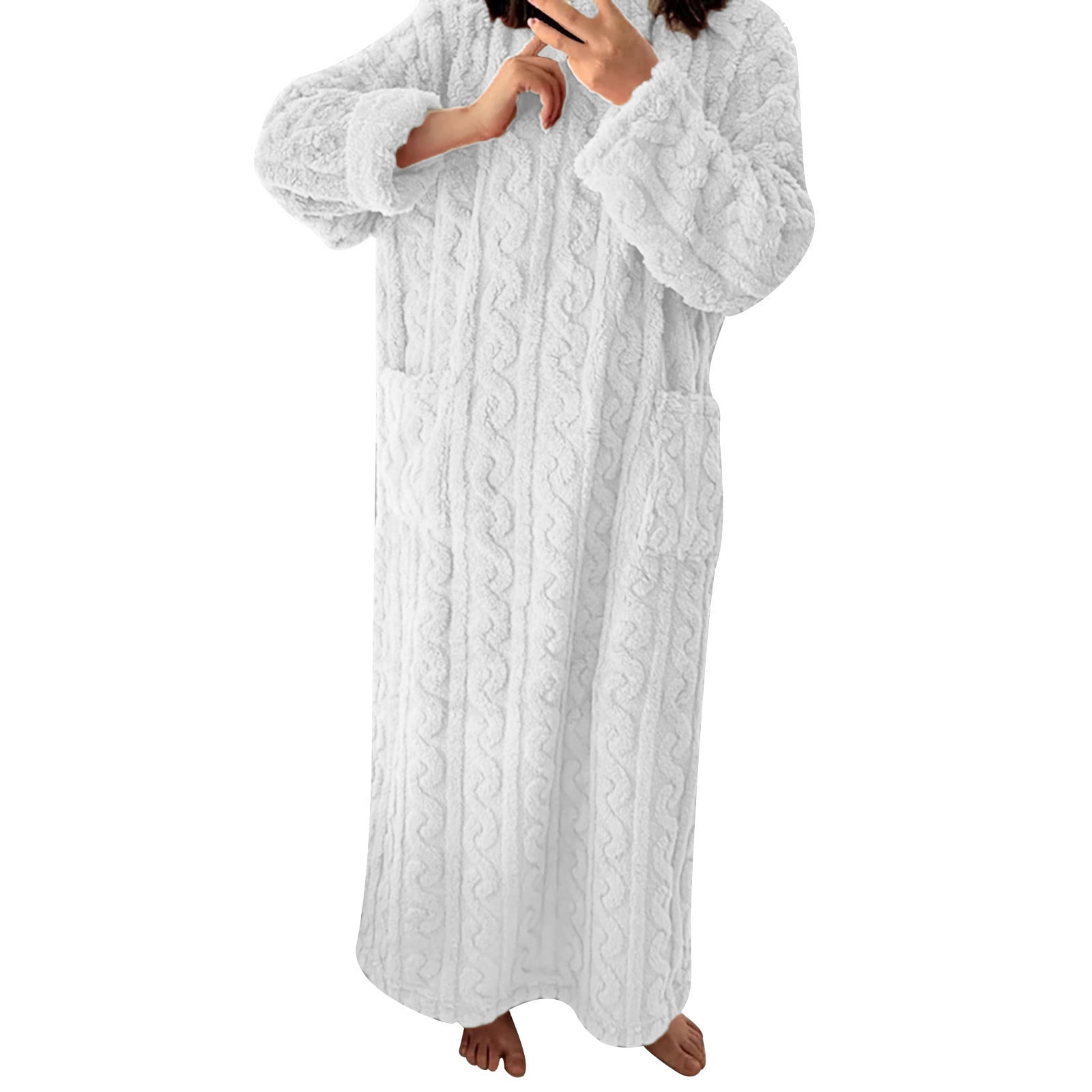 FUNDUFI Women's Nightdress Long Sleeve Crew Neck Soft Warm Loose Fit ...