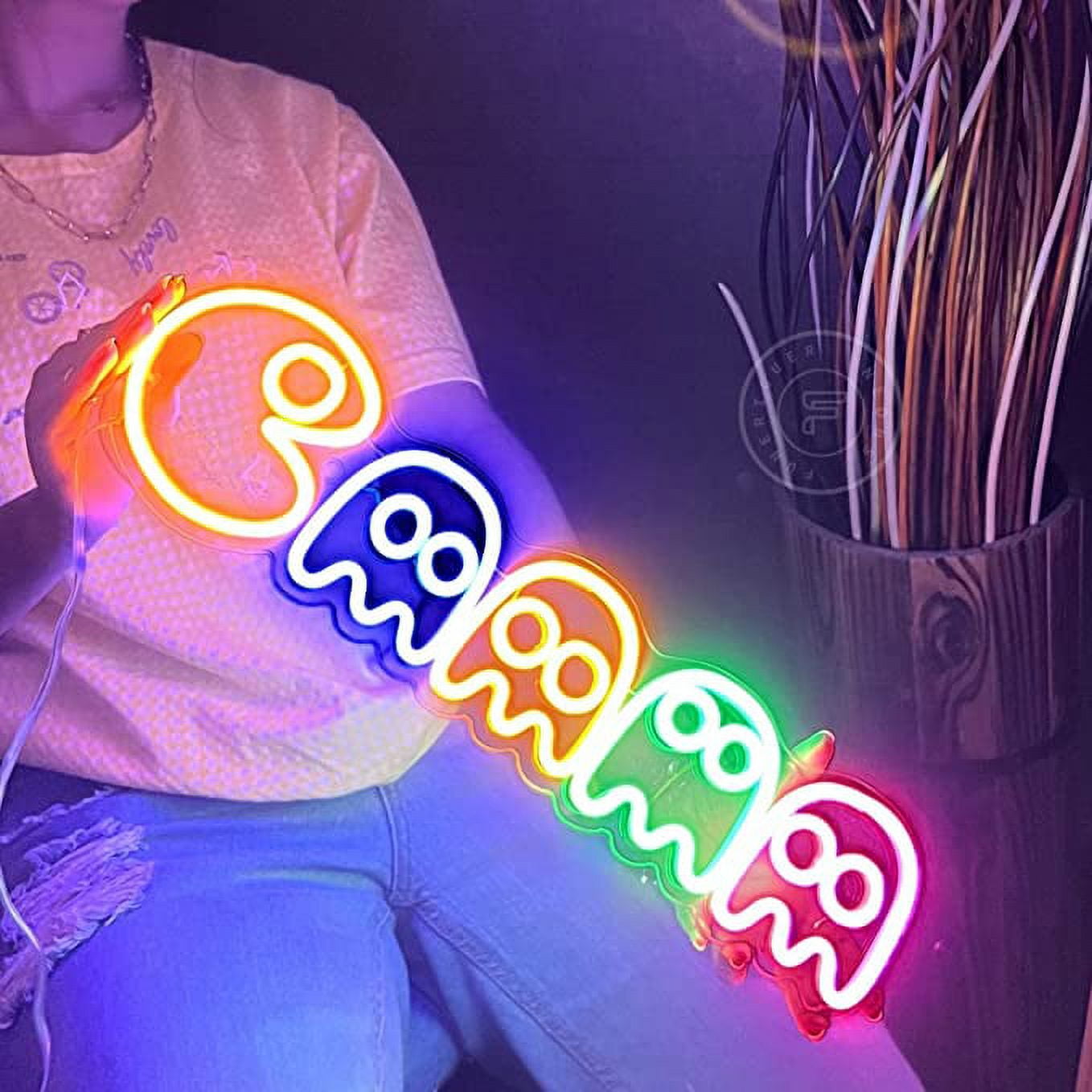 FUNERIGUER Neon Pac Man Chasing Ghosts LED Sign 18” x 5” for Game Rooms ...