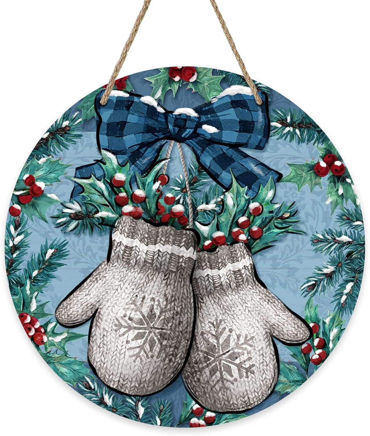 FUNING Winter Mitten Blue Front Door Sign, Red Holly Berries Plaid Bow ...