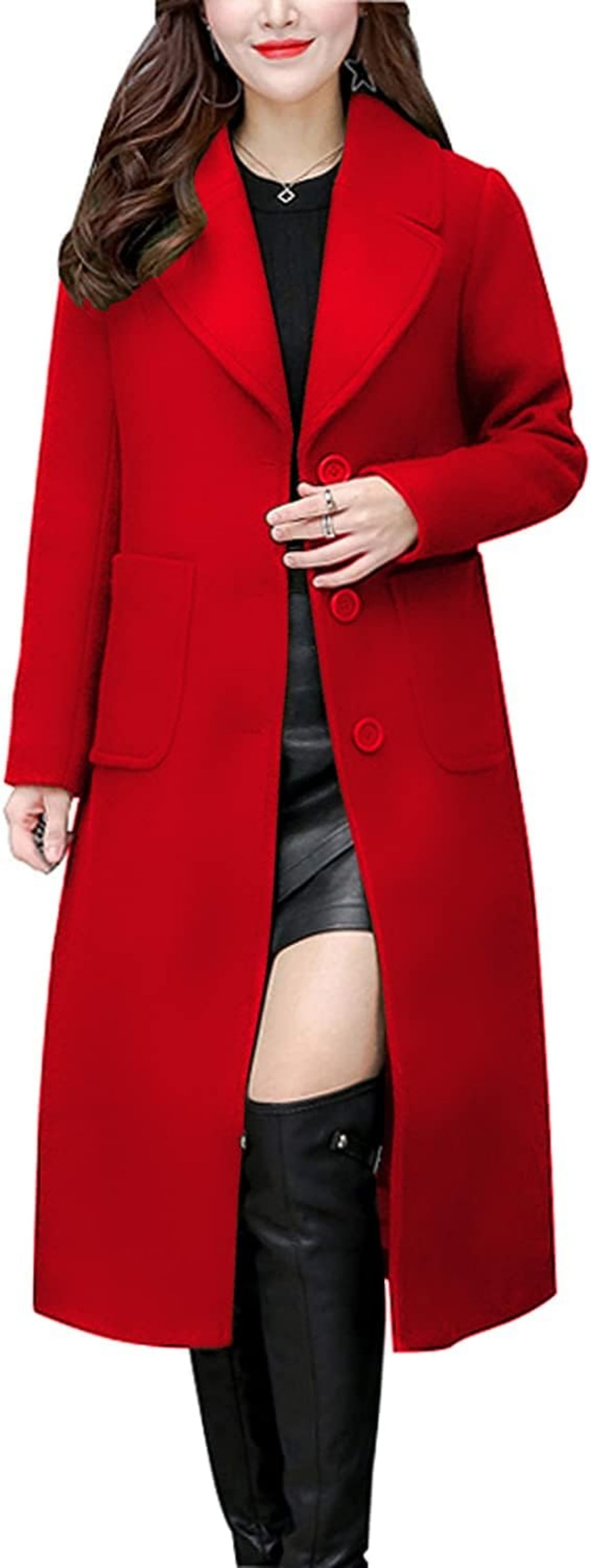 FUNING Women's Big Notch Lapel Single Breasted Mid-Long Wool Blend Coat ...