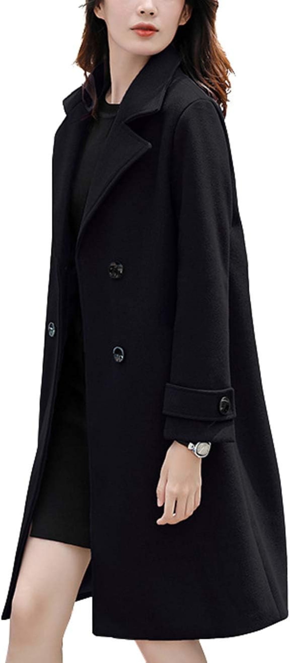 FUNING Women's Essential Elegant Wear Double Breasted Mid Long Wool Pea Coat - Walmart.com