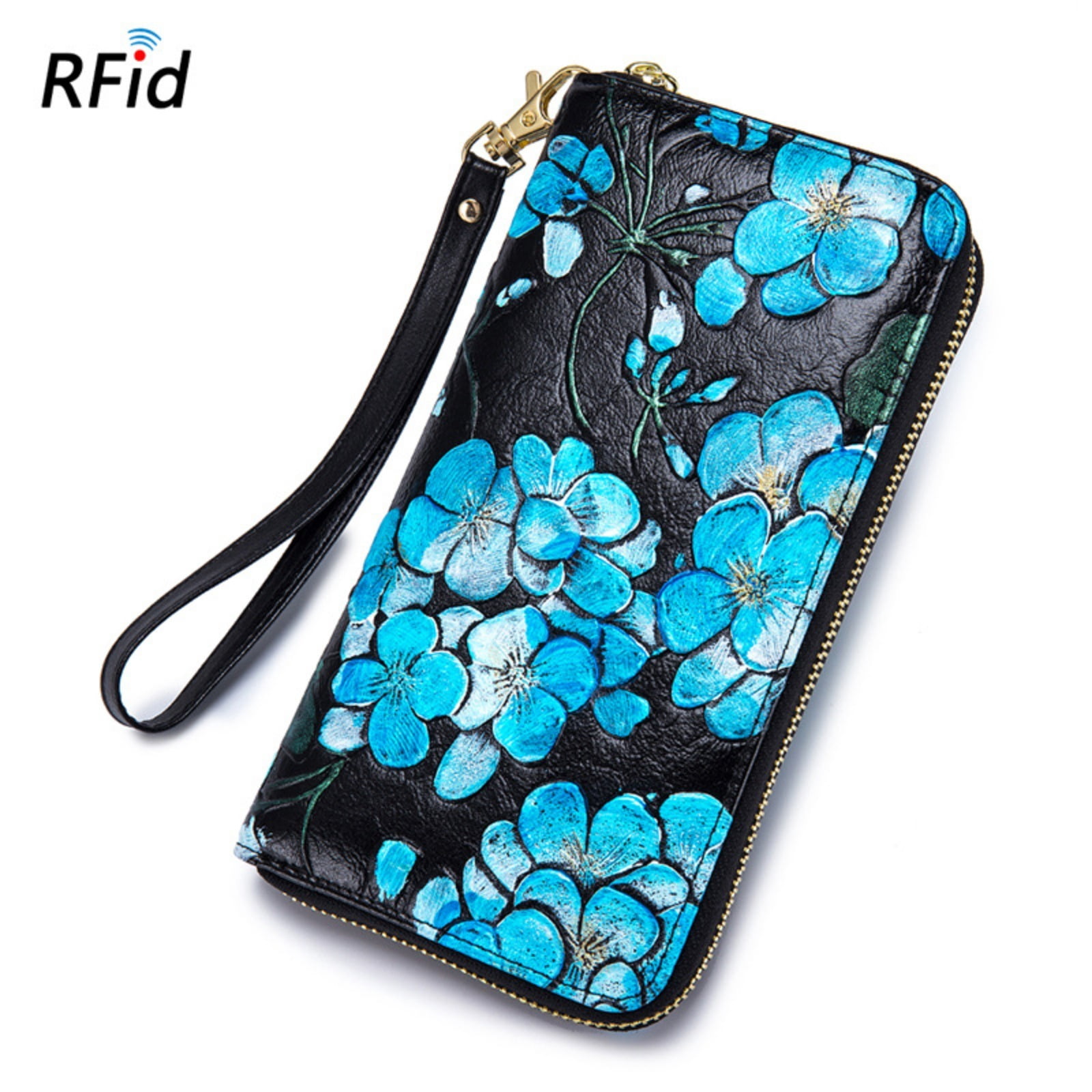 FUNING Women's RFID Block Leather Floral Zip Around Cell Phone Clutch ...
