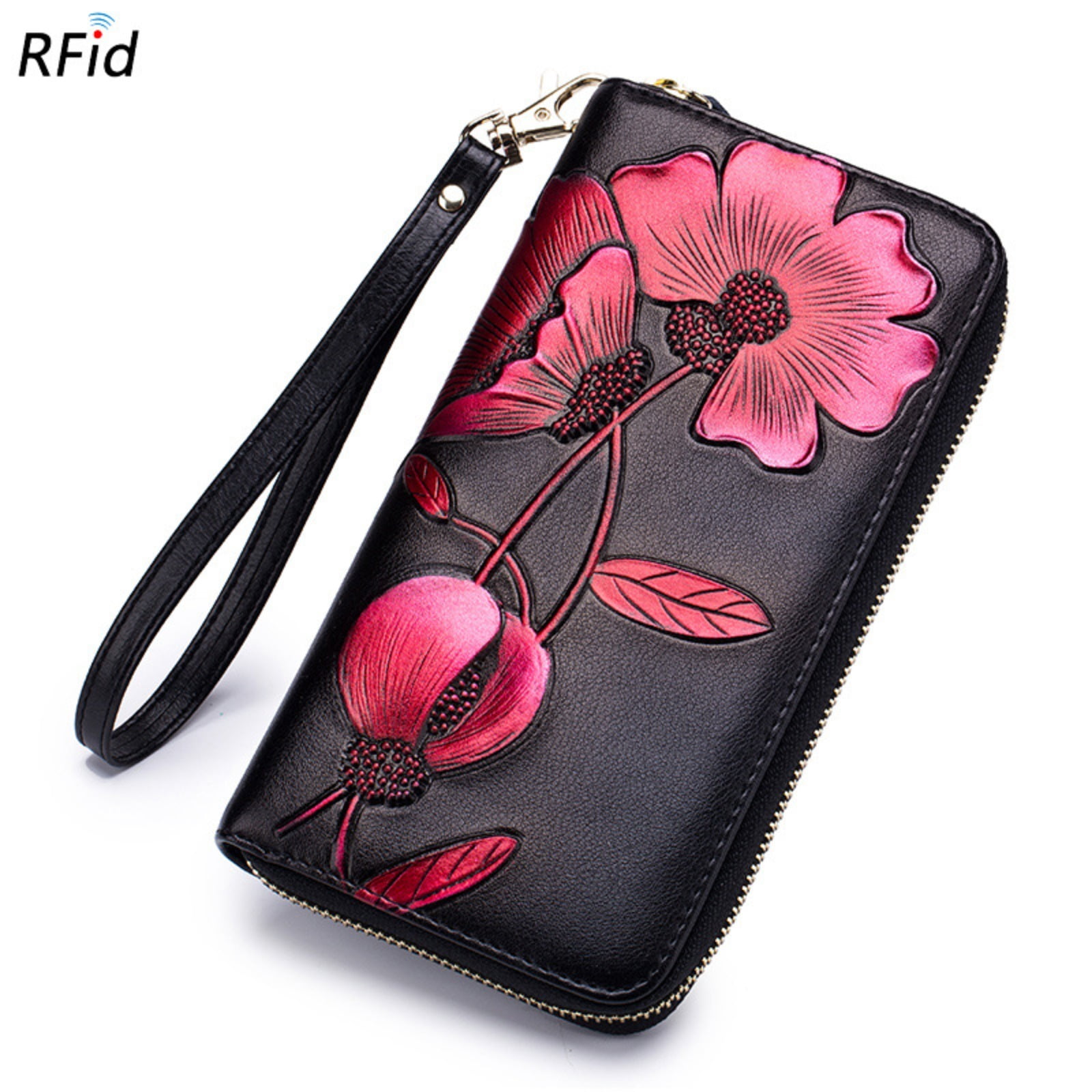 FUNING Women's RFID Block Leather Floral Zip Around Cell Phone Clutch ...