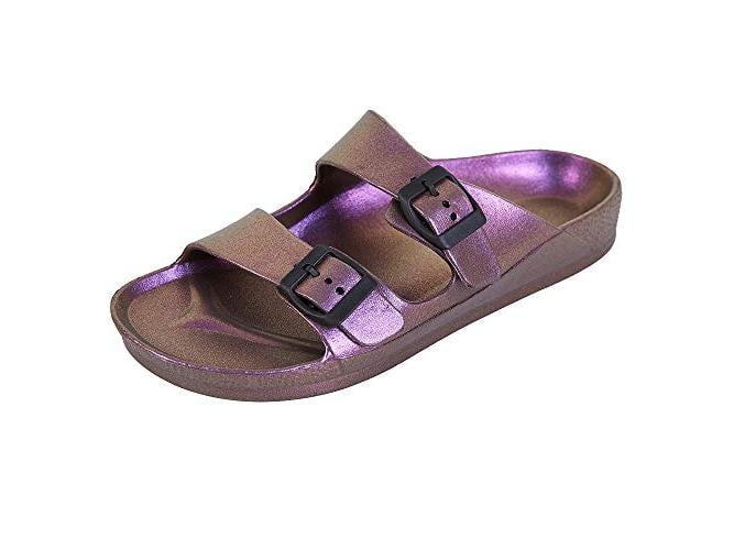 FUNKYMONKEY Women's Comfort Slides Double Buckle Adjustable EVA Flat ...