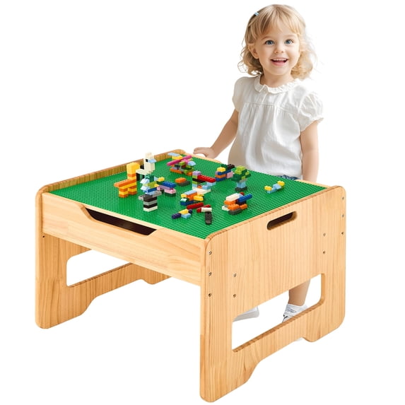 FUNLIO 2-in-1 Kids Wood Activity Table with 450-Piece Building Blocks ...