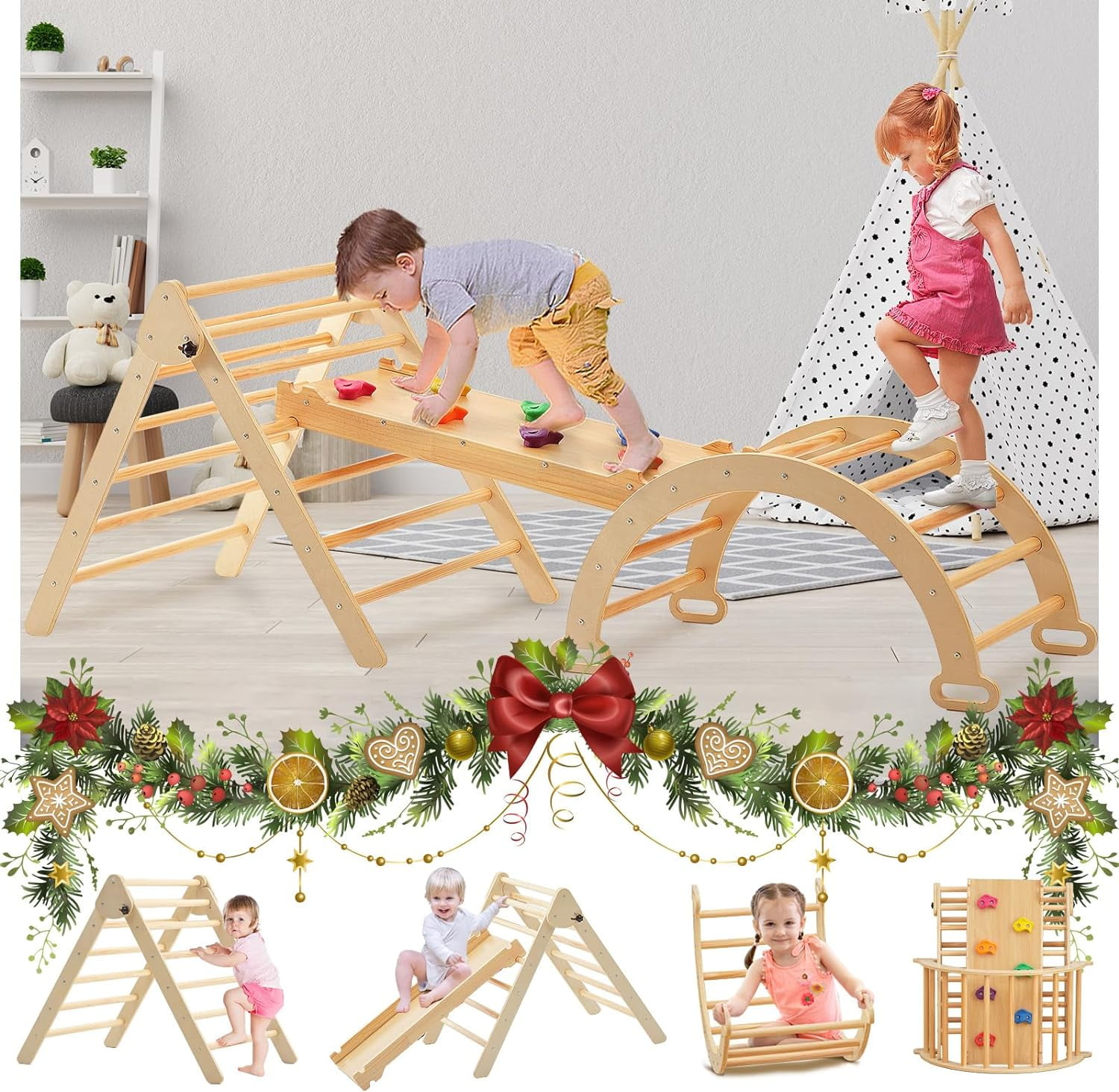 FUNLIO Foldable Pikler Triangle Set (3 Piece), Montessori Climbing Set ...