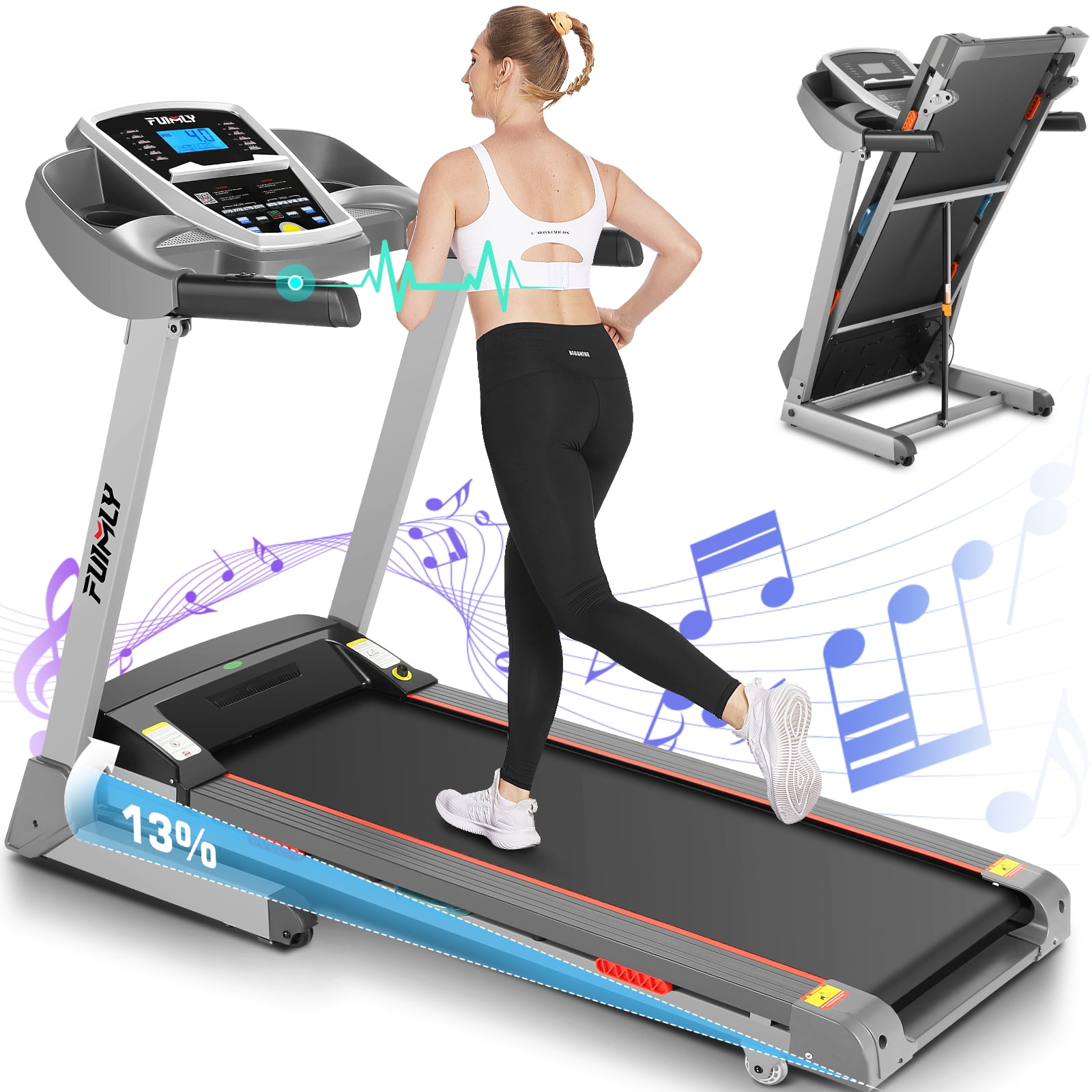 FUNMILY Foldable 13% Incline Treadmill, 3.0HP Ultra-silent Motor, 300lb Weight Capacity,Speed ...