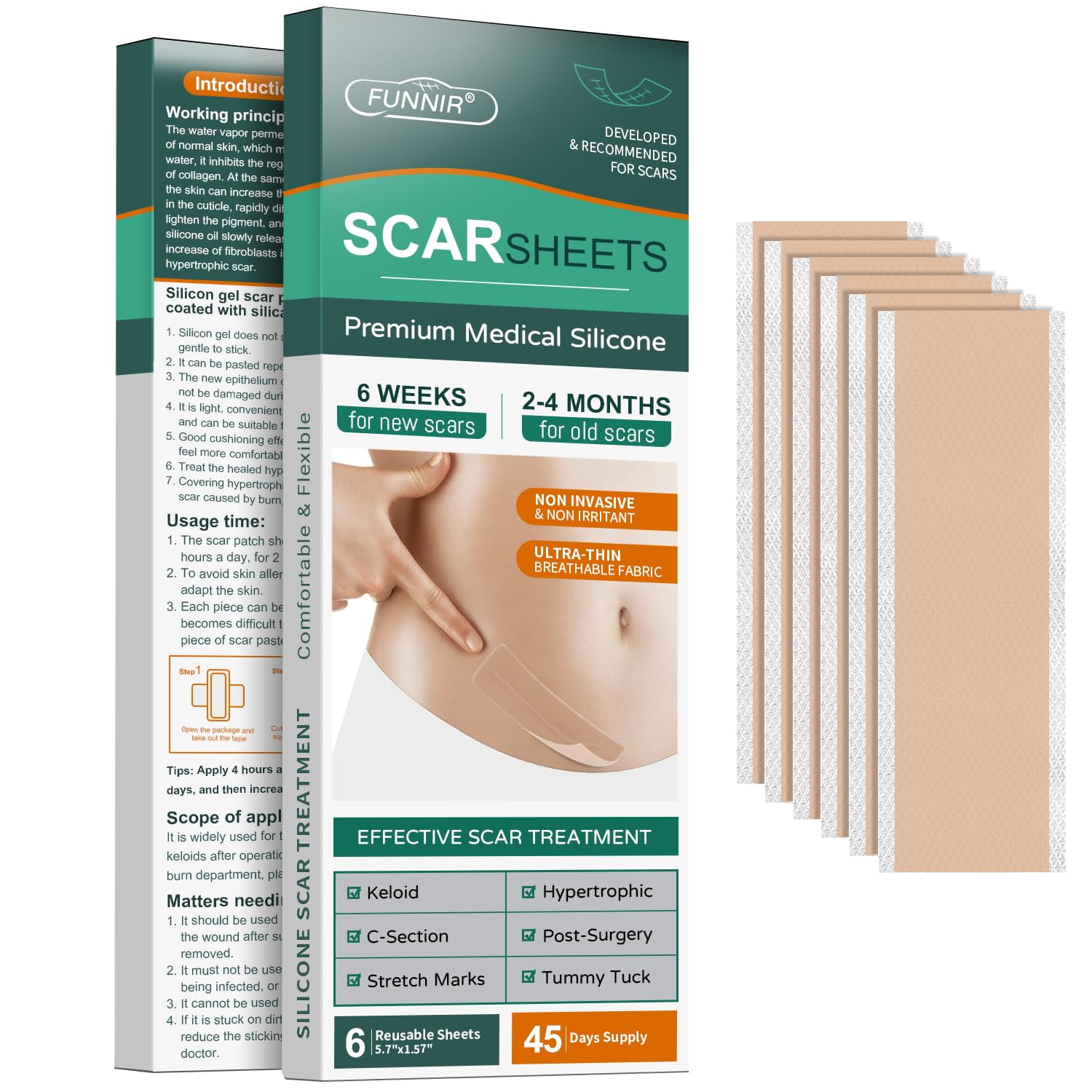 Funnir Silicone Scar Sheets Tape Strips Healing Keloid C Section And Tummy Tuck As
