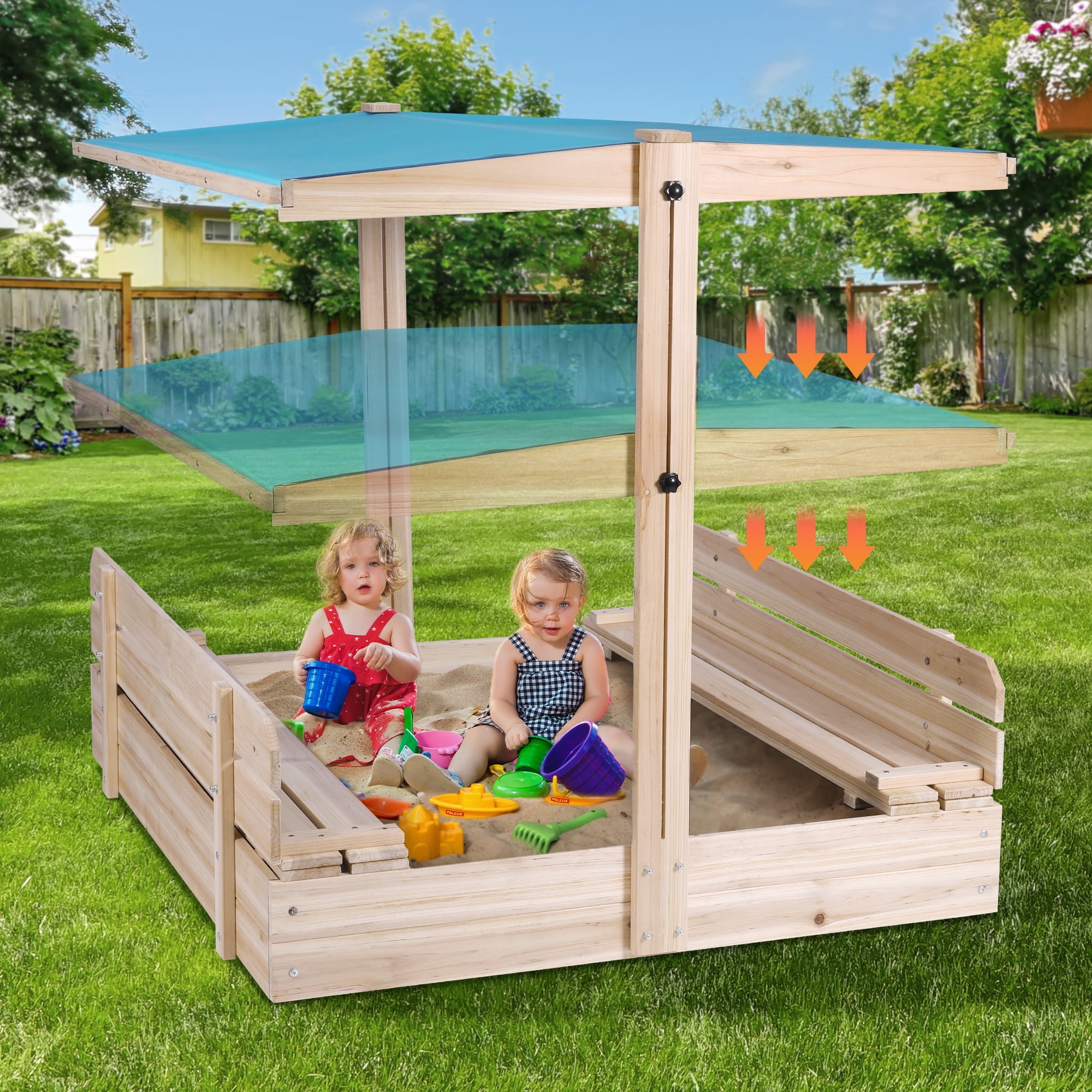 FUNTOK Kids Wooden Sandbox with Canopy,Height Adjustable UV-Resistant ...