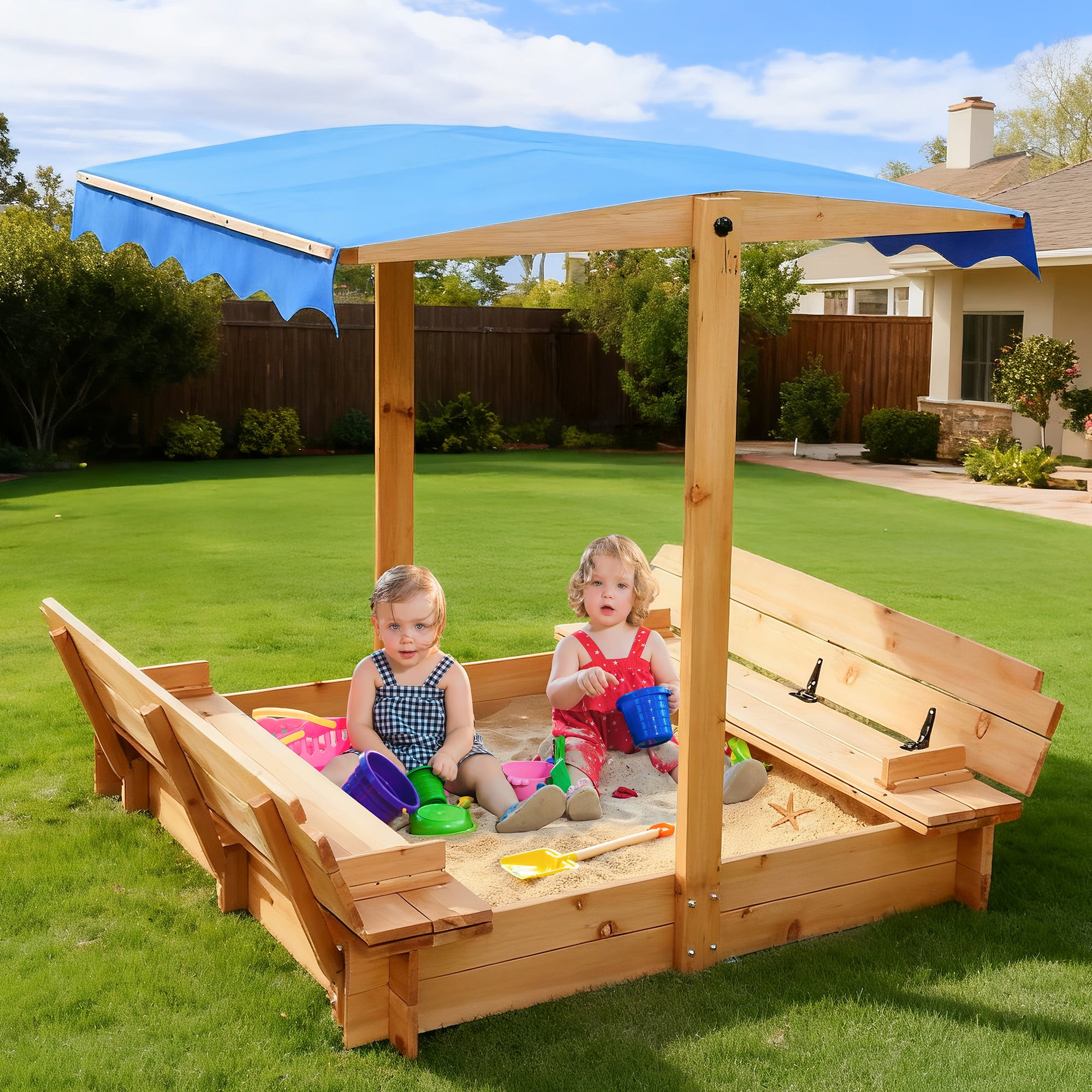 "FUNTOK Wooden Sandbox, 48x48"" w/ UV-Resistant Canopy, Foldable Seats ...