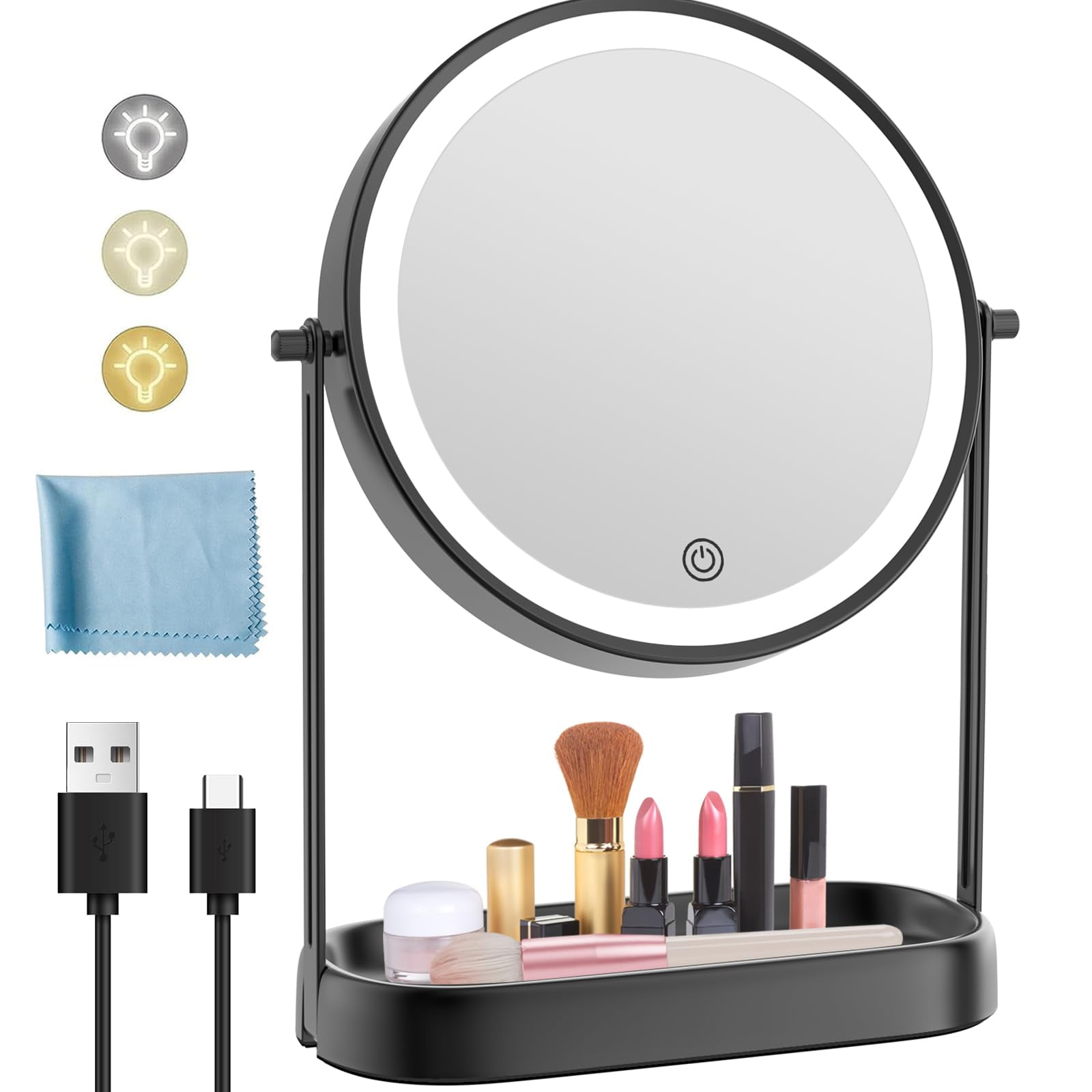 FUNTOUCH 10X Lighted Makeup Mirror with Storage, Rechargeable ...