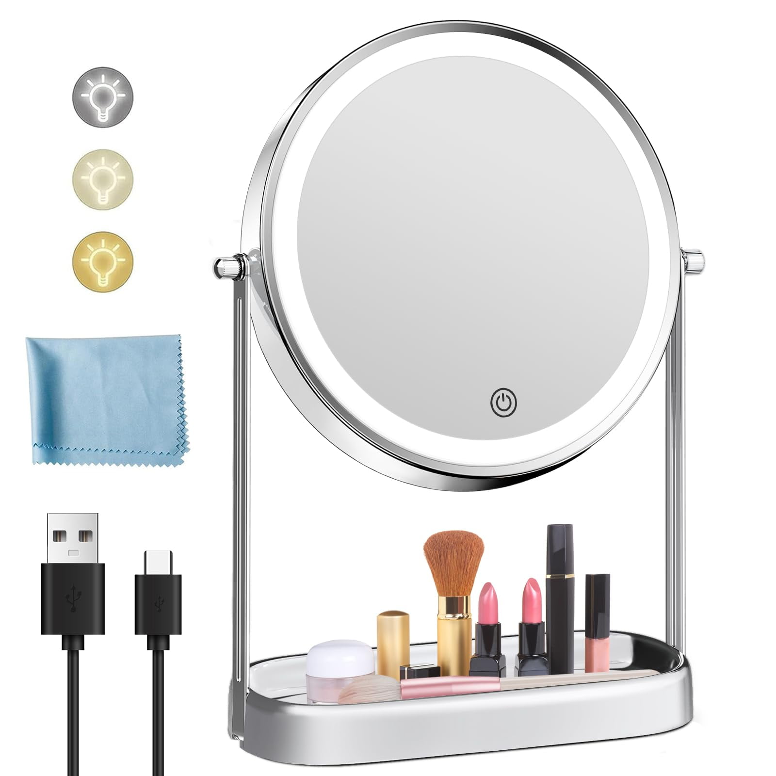 FUNTOUCH 10X Lighted Makeup Mirror with Storage, Rechargeable ...