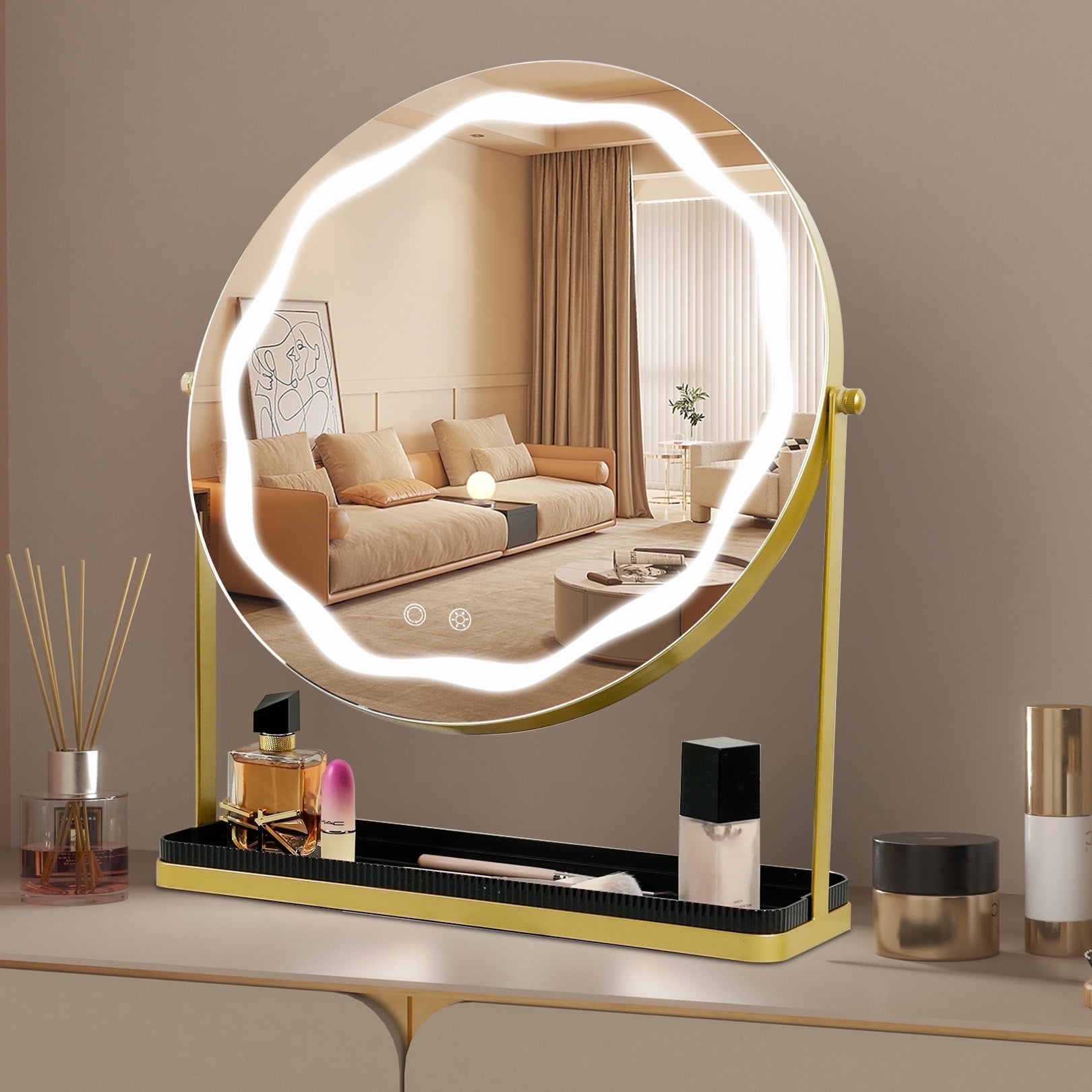 Funtouch 16" Diameter Round Makeup Mirror with Lighted Table Mount ...