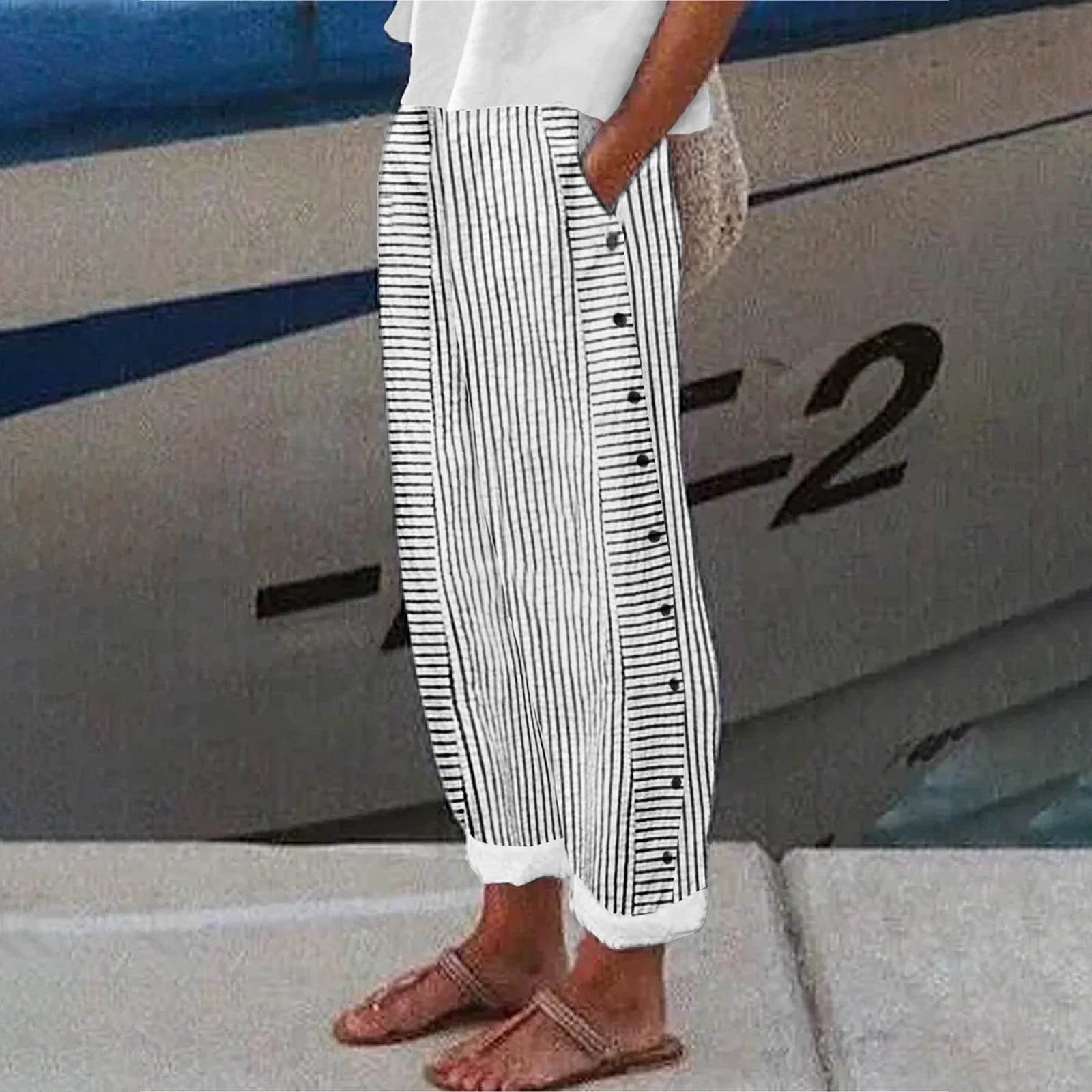 FUNUONY BIG sale!!Women's Casual Pants Striped Side Button Elastic ...