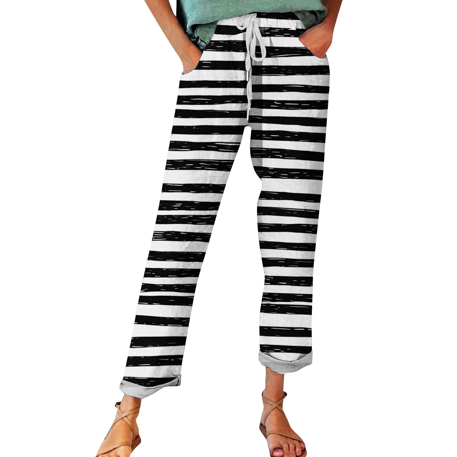 FUNUONY Cropped Pants for Women Stripe Printed Linen Pants Women Linen ...