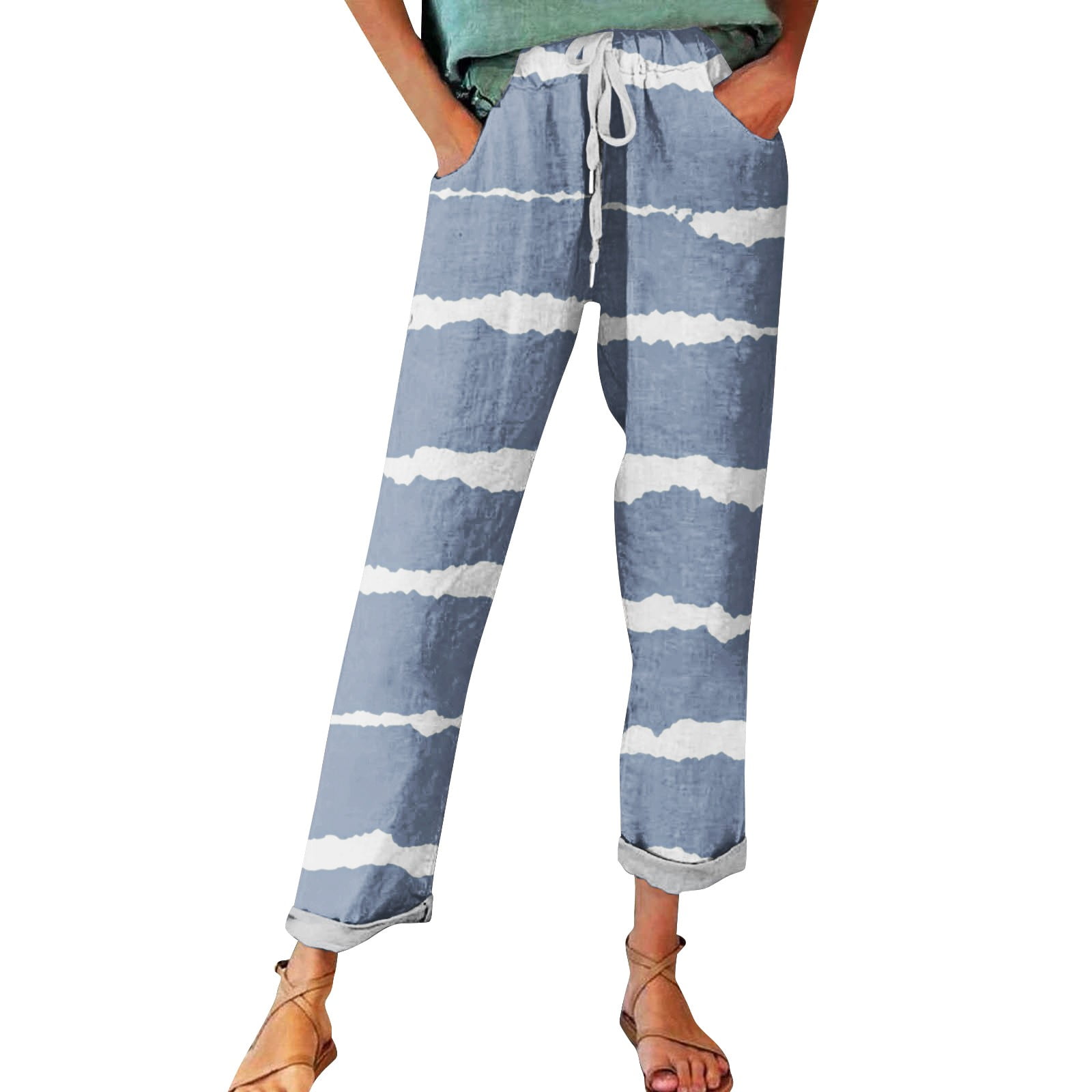 FUNUONY Cropped Pants for Women Stripe Printed Linen Pants Women Linen ...