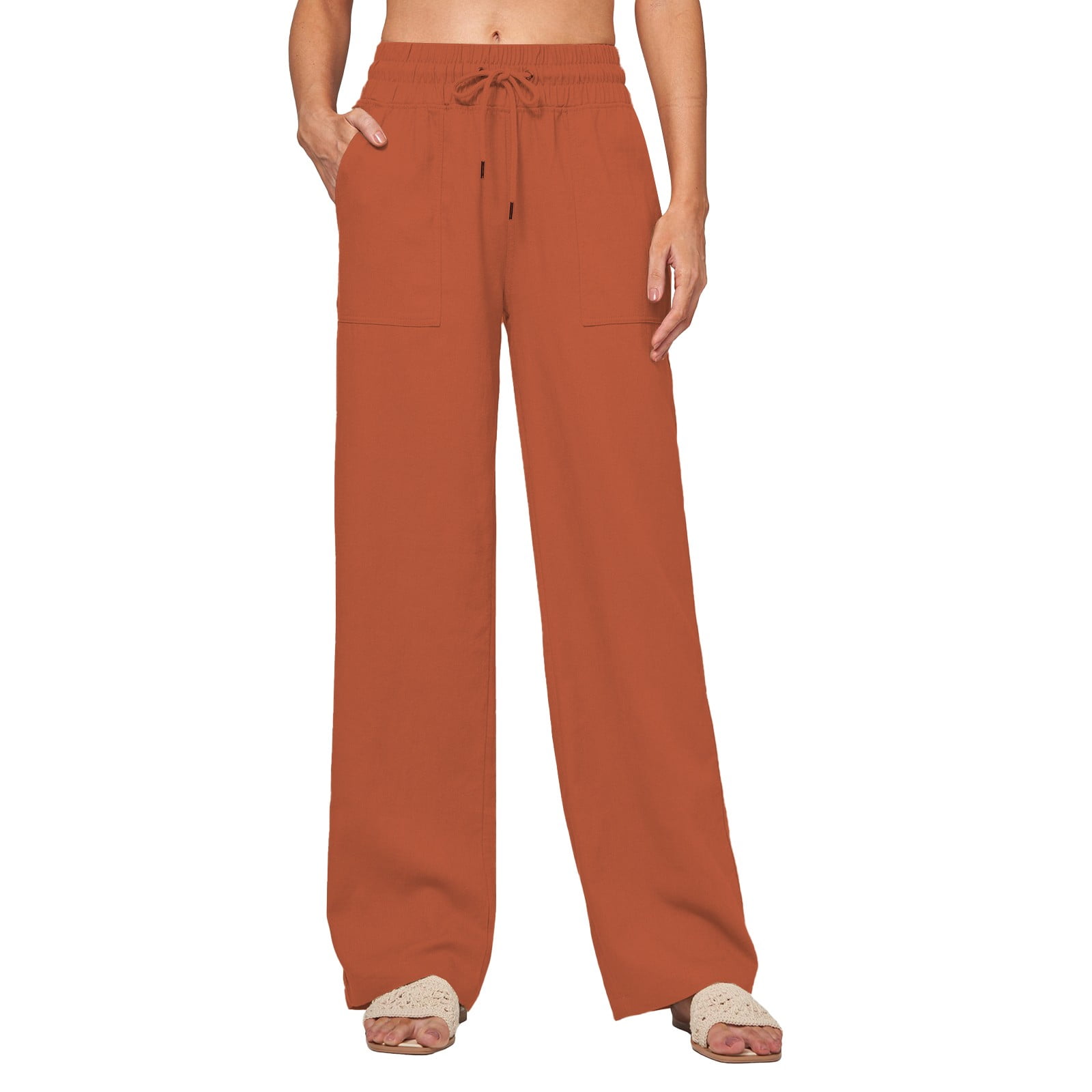 FUNUONY Linen Pants for Women Wide Leg Pants Cotton Linen Drawstring ...