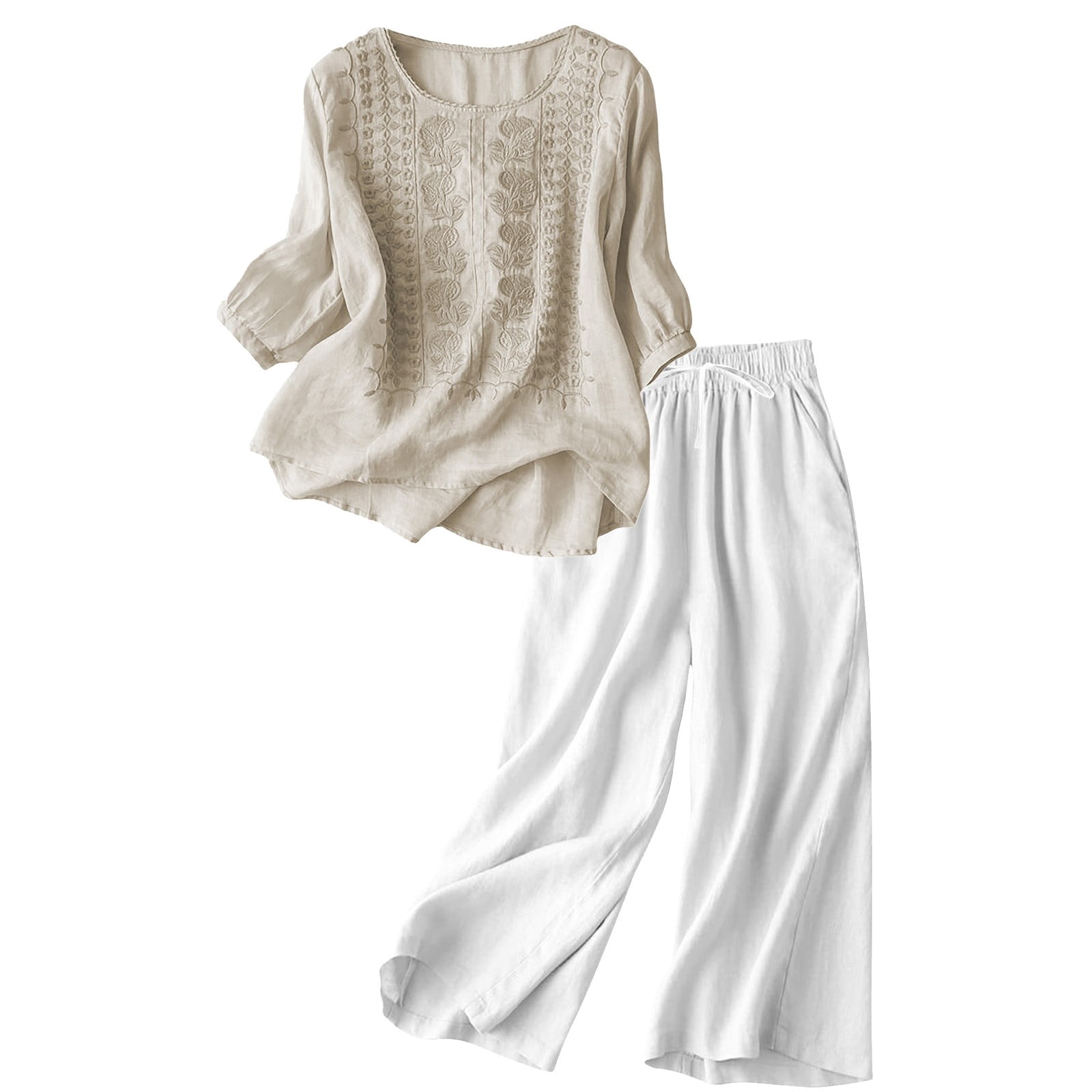 FUNUONY Linen Sets for Women 2 Piece Women's Casual Embroidered Top and ...
