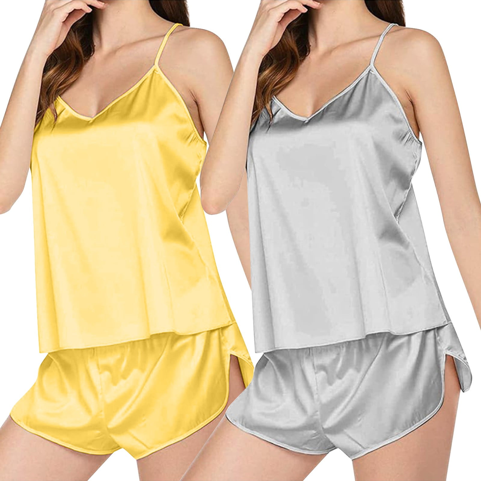 FUNUONY Satin Pajama Set for Women Satin Women's Pajamas Set V Neck ...