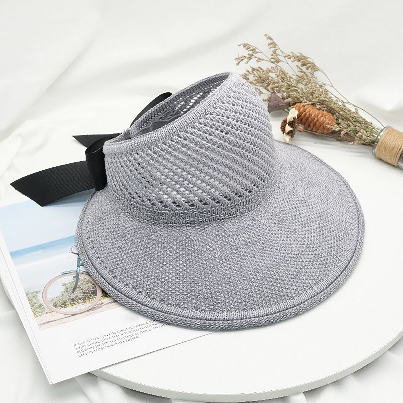 FUNUONY Sun Hats for Women Wide Brim Beach Hat Straw Visor Ponytail ...